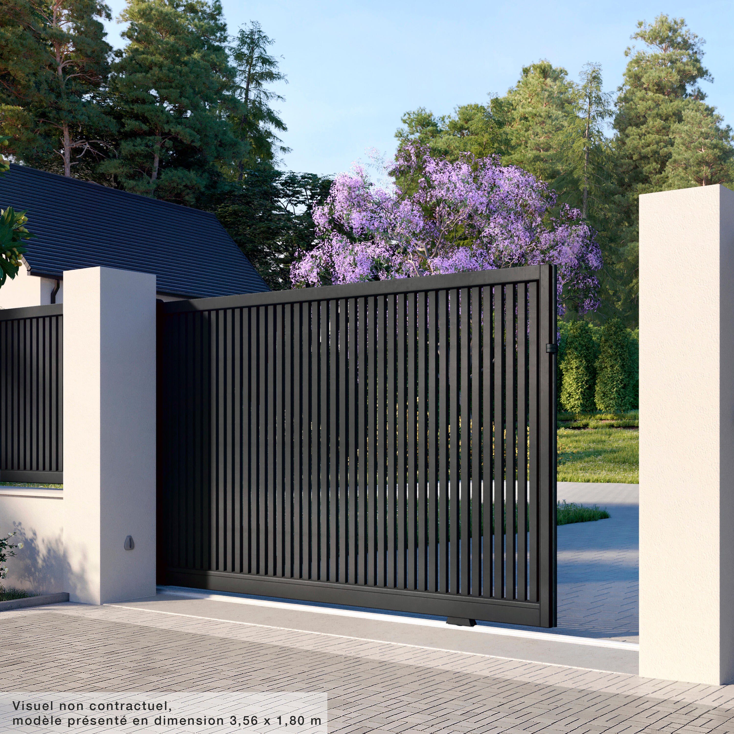 Coulissant alu Lubéria Gris 7022, GRANVAL, l.406 x h.180cm. Ouv. vers ...