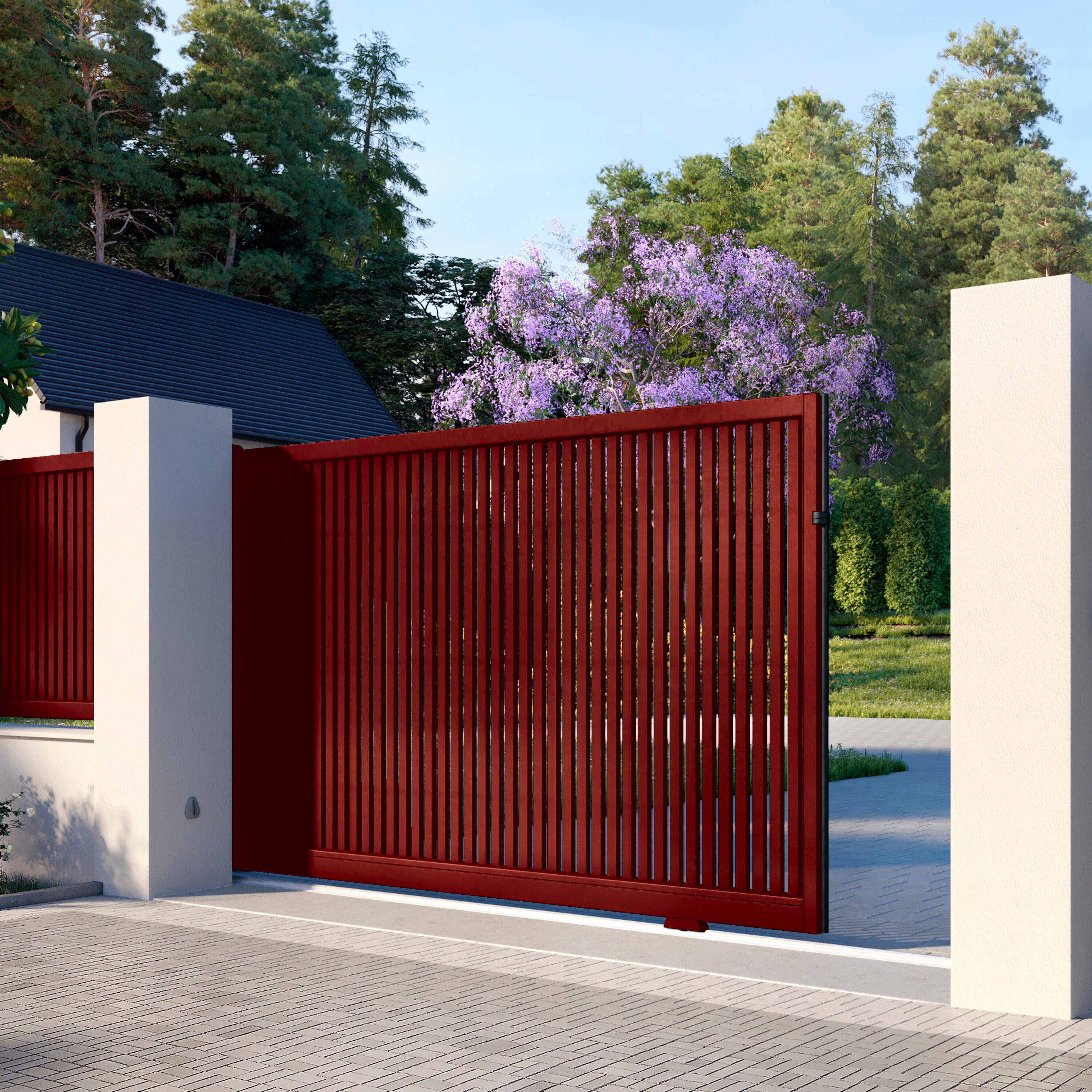 Coulissant alu Lubéria Rouge 3004, GRANVAL, l.356 x h.180cm. Ouv. vers ...