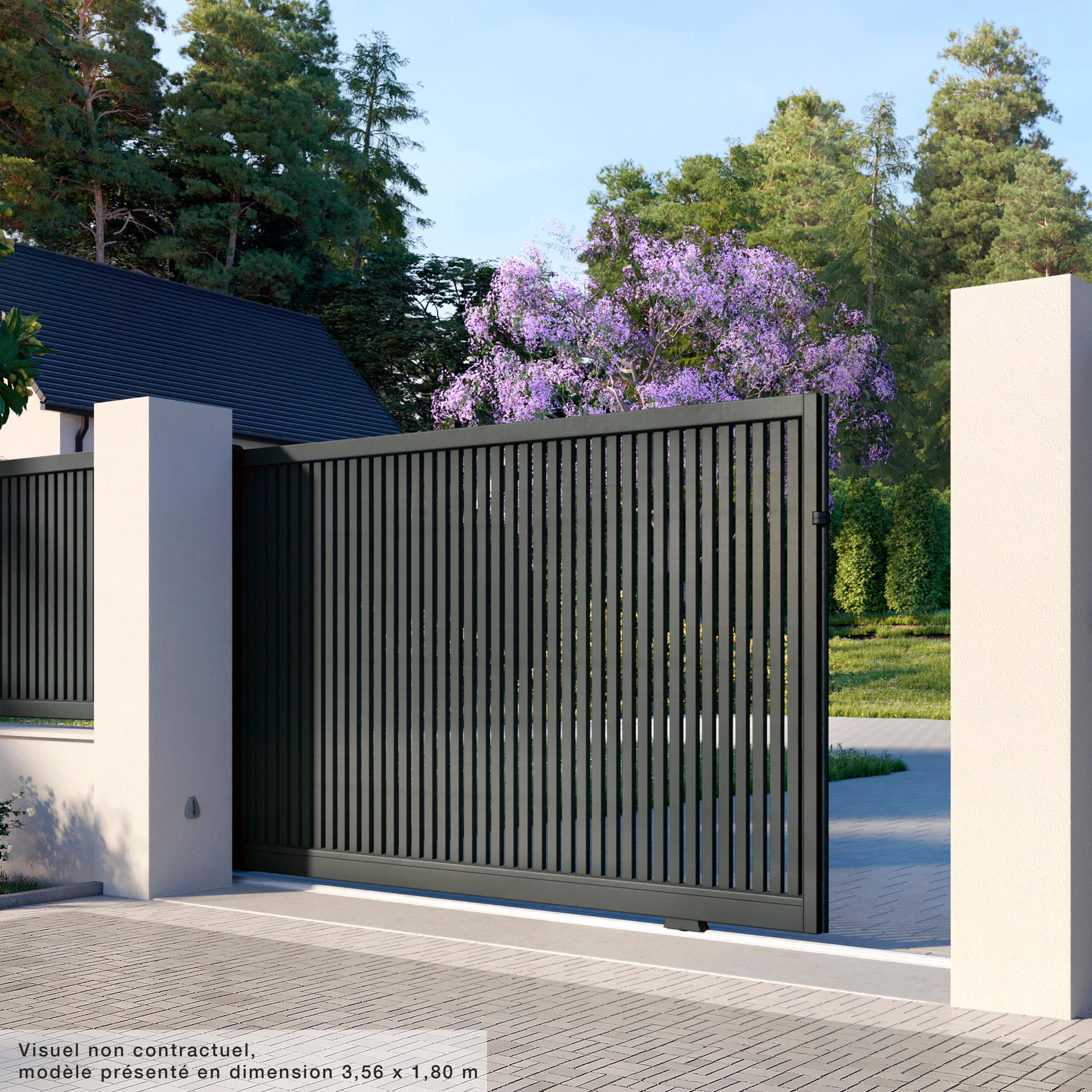 Coulissant alu Lubéria Gris 7039, GRANVAL, l.406 x h.147cm. Ouv. vers ...