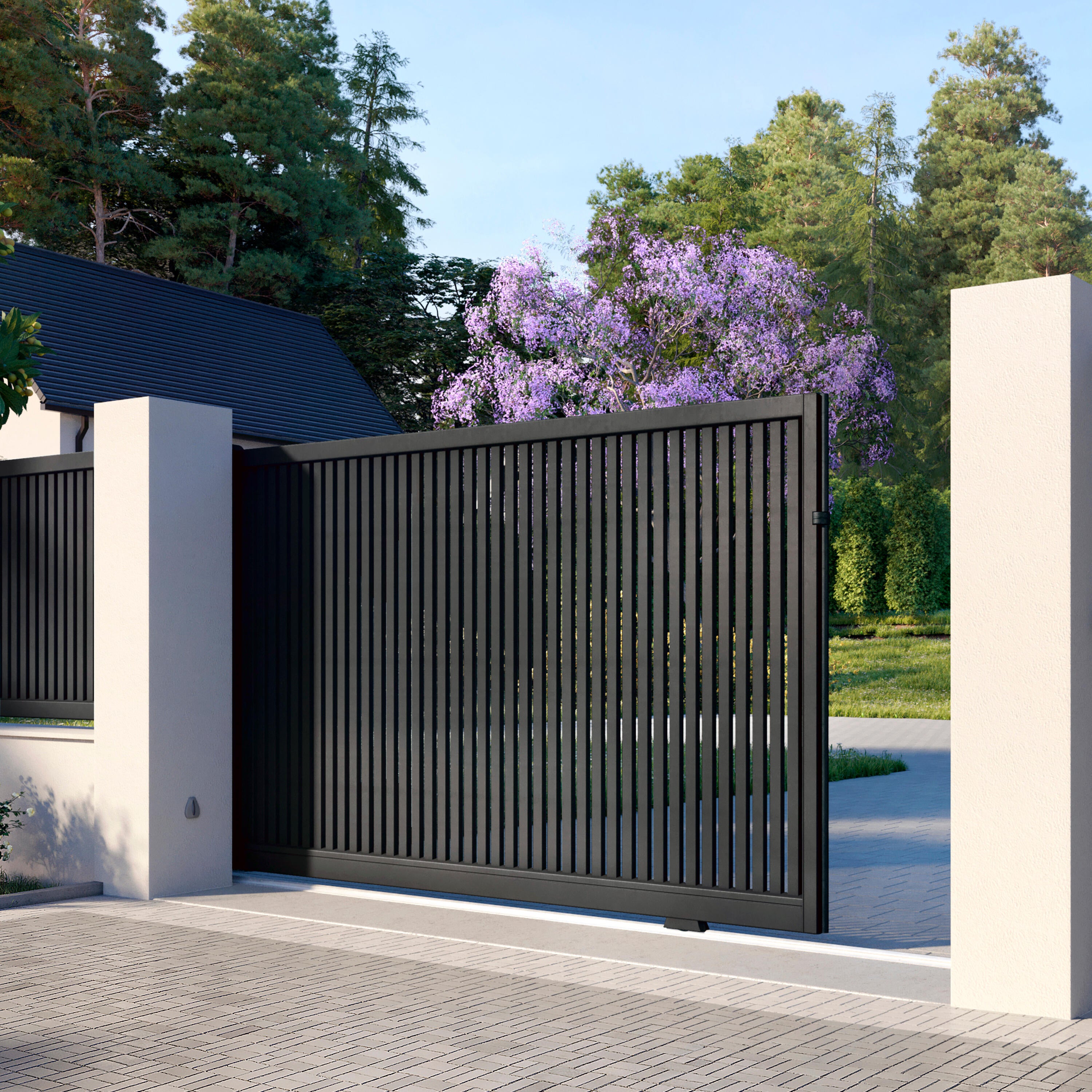 Coulissant alu Lubéria Gris 7022, GRANVAL, l.356 x h.180cm. Ouv. vers ...