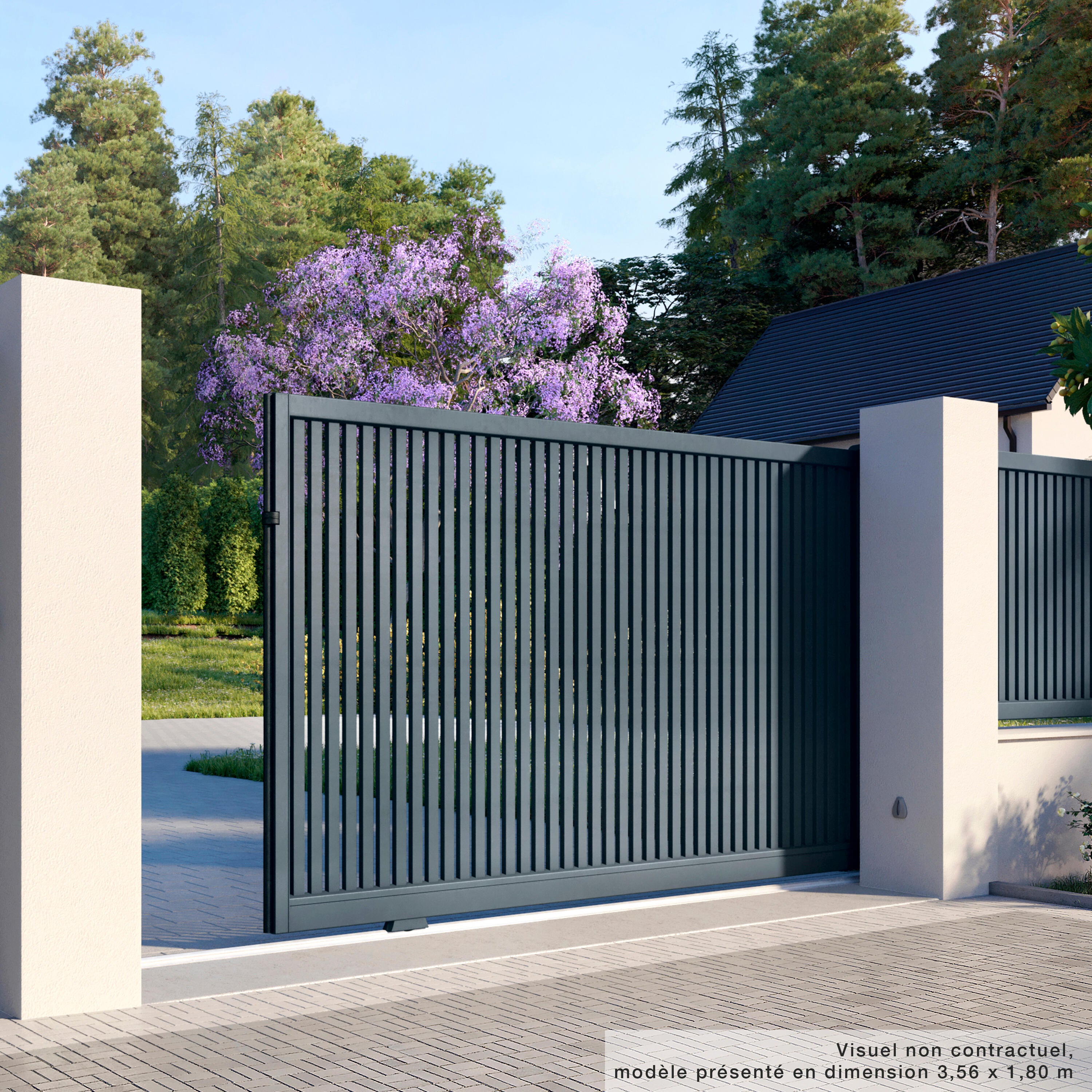 Coulissant alu Lubéria Gris 7012, GRANVAL, l.356 x h.147cm. Ouv. vers ...