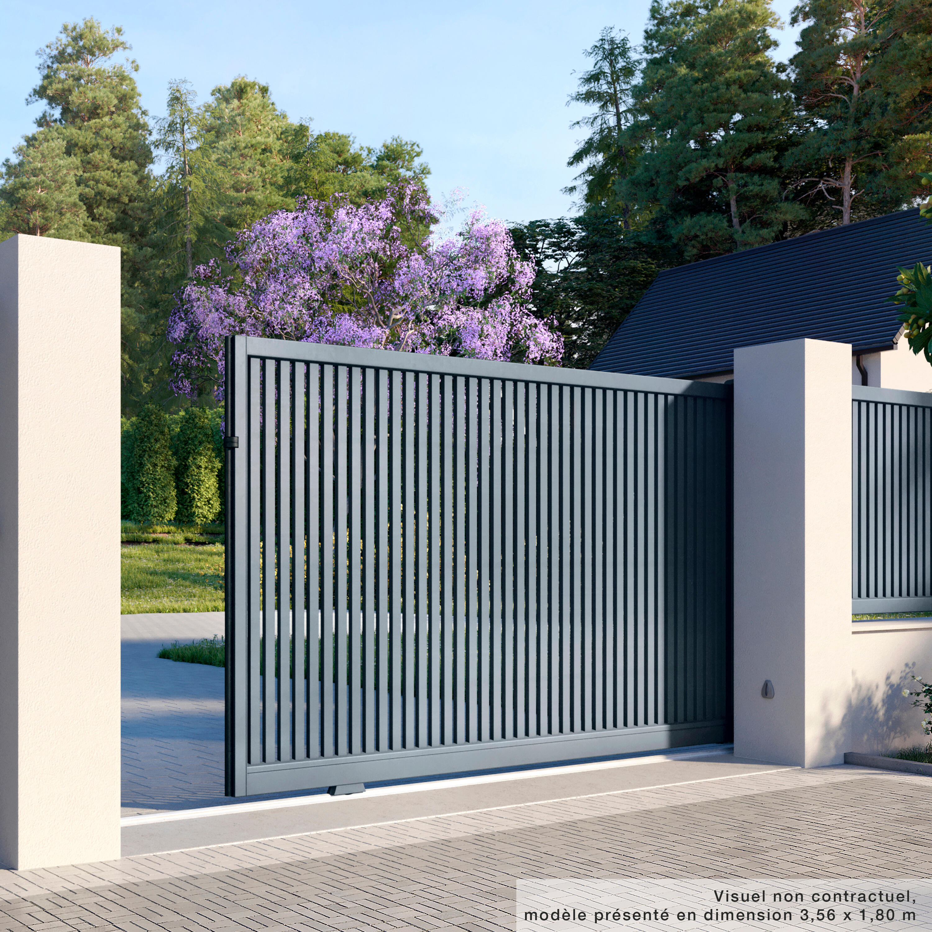 Coulissant alu Lubéria Gris 7040, GRANVAL, l.406 x h.180cm. Ouv. vers ...