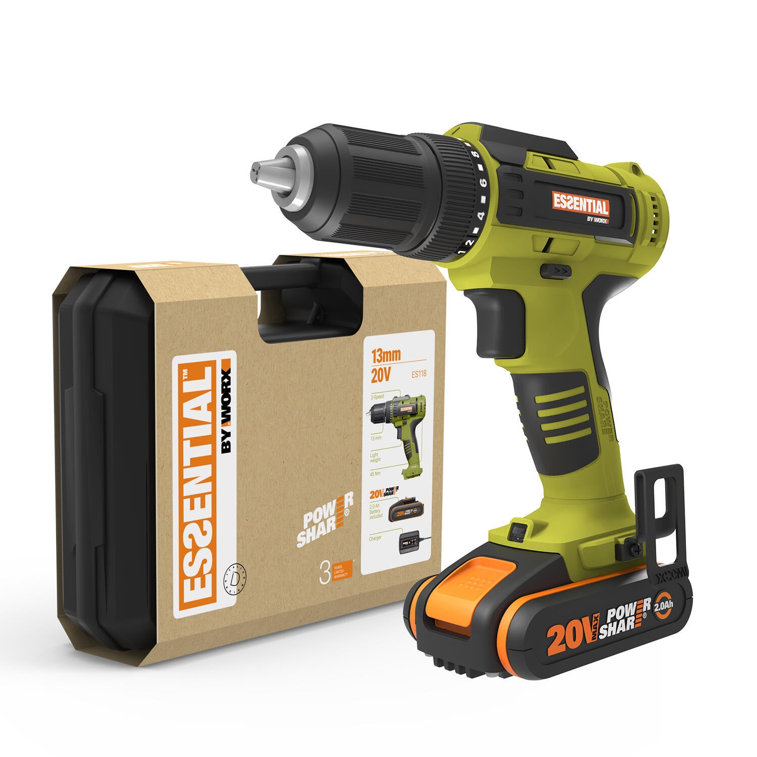 Perceuse sans fil 20 V ESSENTIAL BY WORX Es118, 45 Nm + 1 batterie 2Ah ...