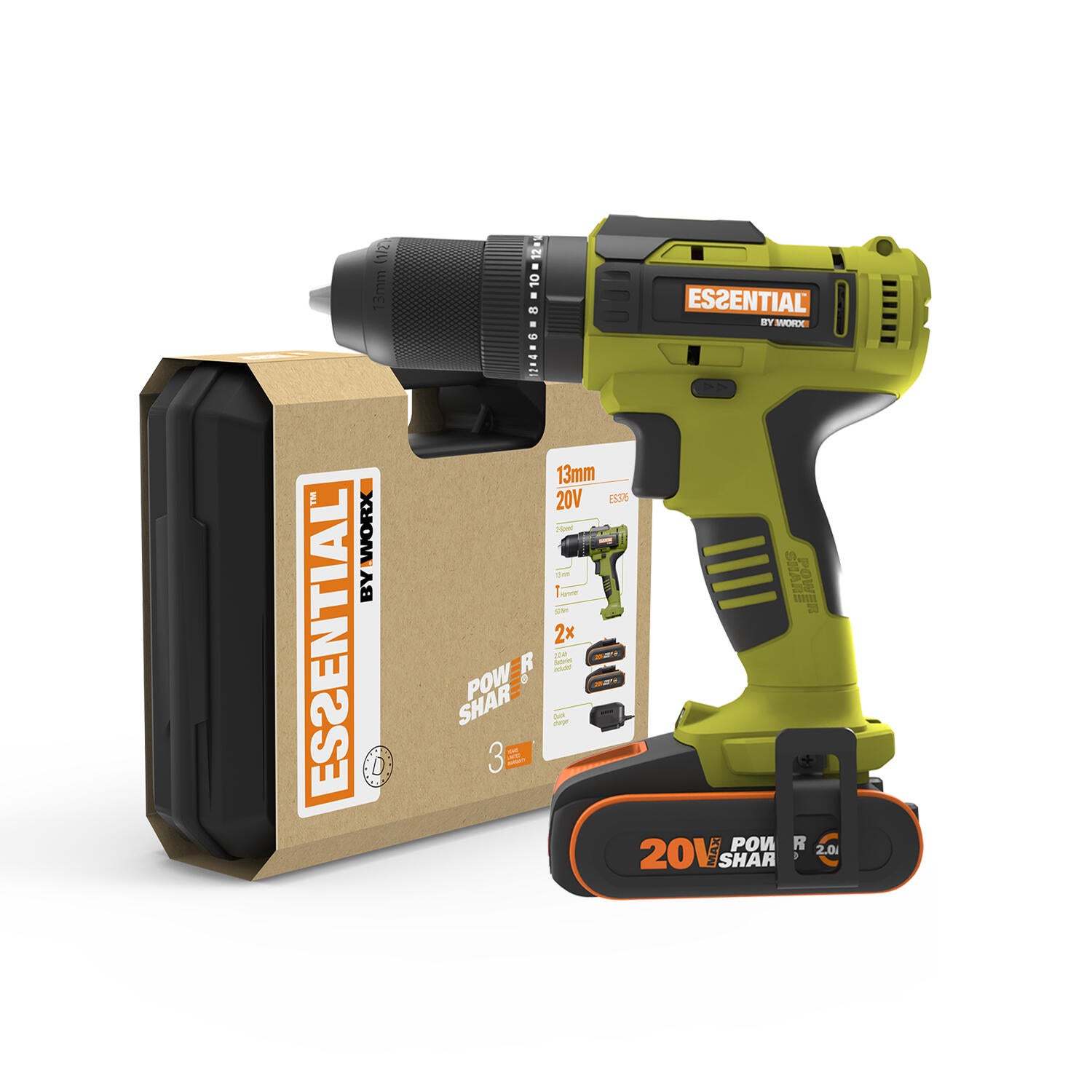 Perceuse à percussion 20 V ESSENTIAL BY WORX Es376, 50 Nm + 2 batteries ...