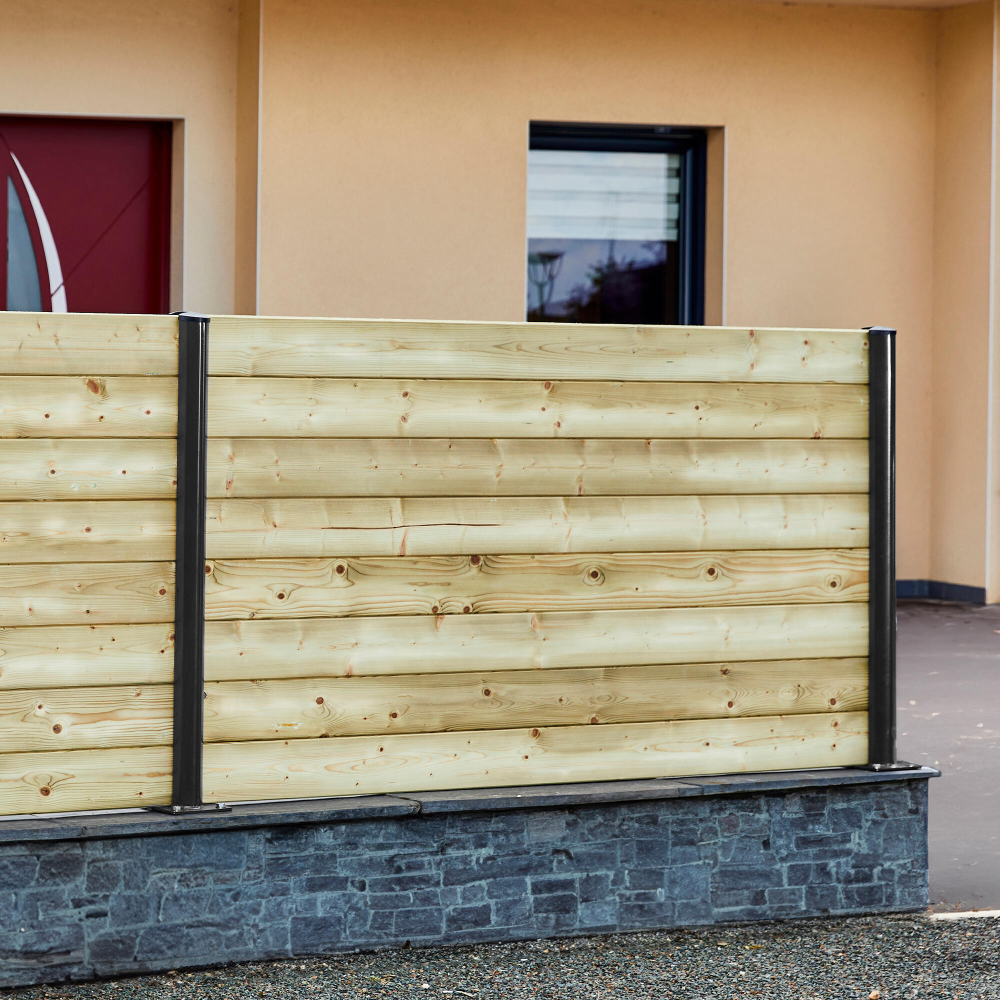 Poteau acier sur platine Noir - 9005 pour clôture bois, Axis line, H ...