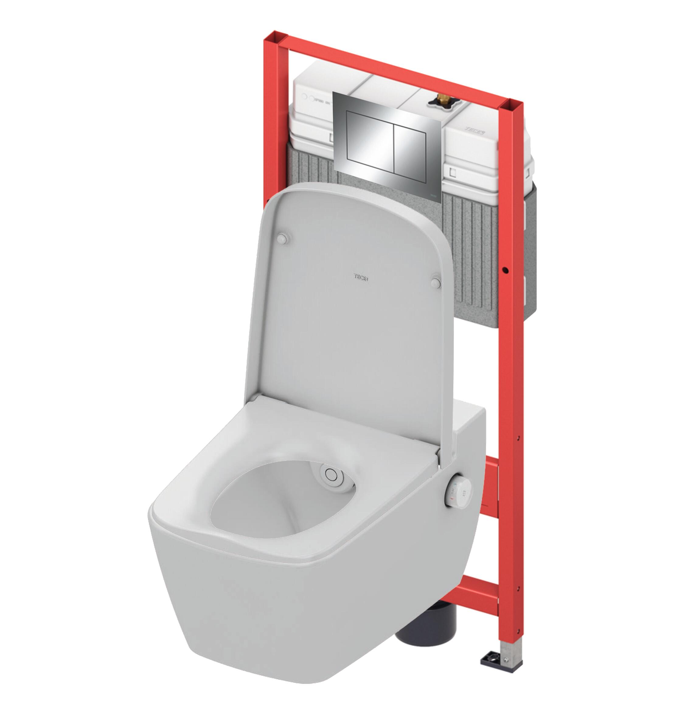 Pack inodoro suspendido TECEone con función de lavado agua fría con pulsador cromo brillo ...