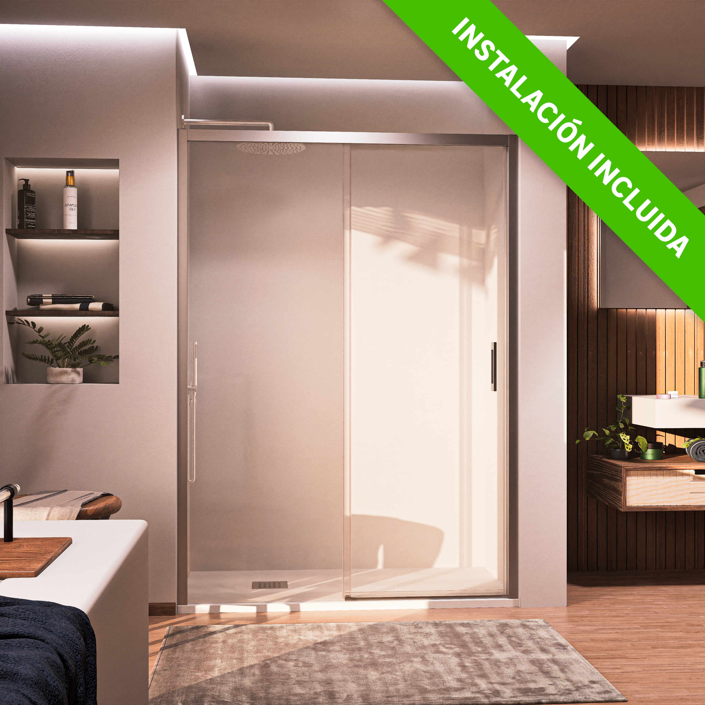 Mampara de ducha frontal 1 fijo + 1 puerta corredera transparente Trend ...