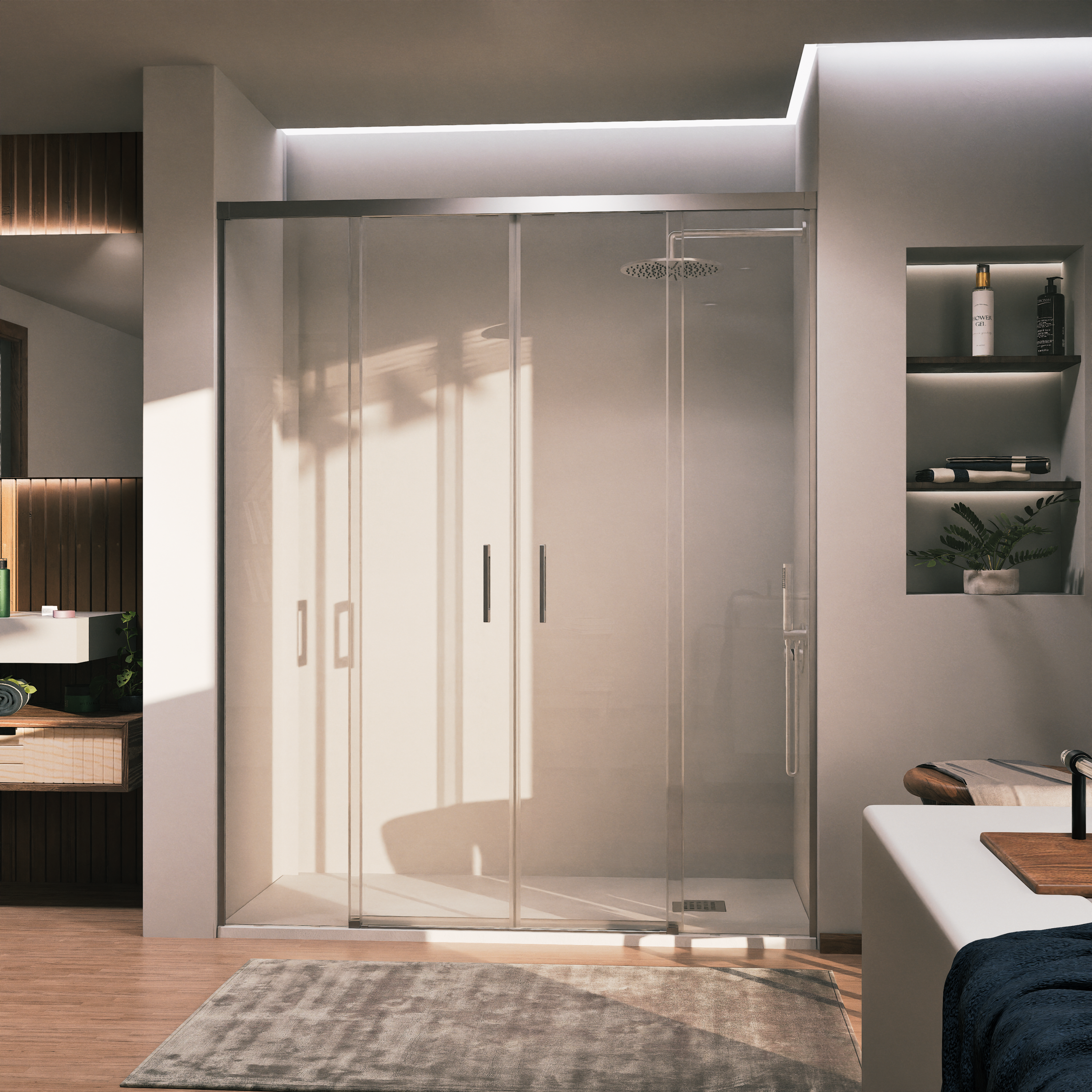 Mampara de ducha frontal 2 fijos + 2 puertas corredera transparente ...