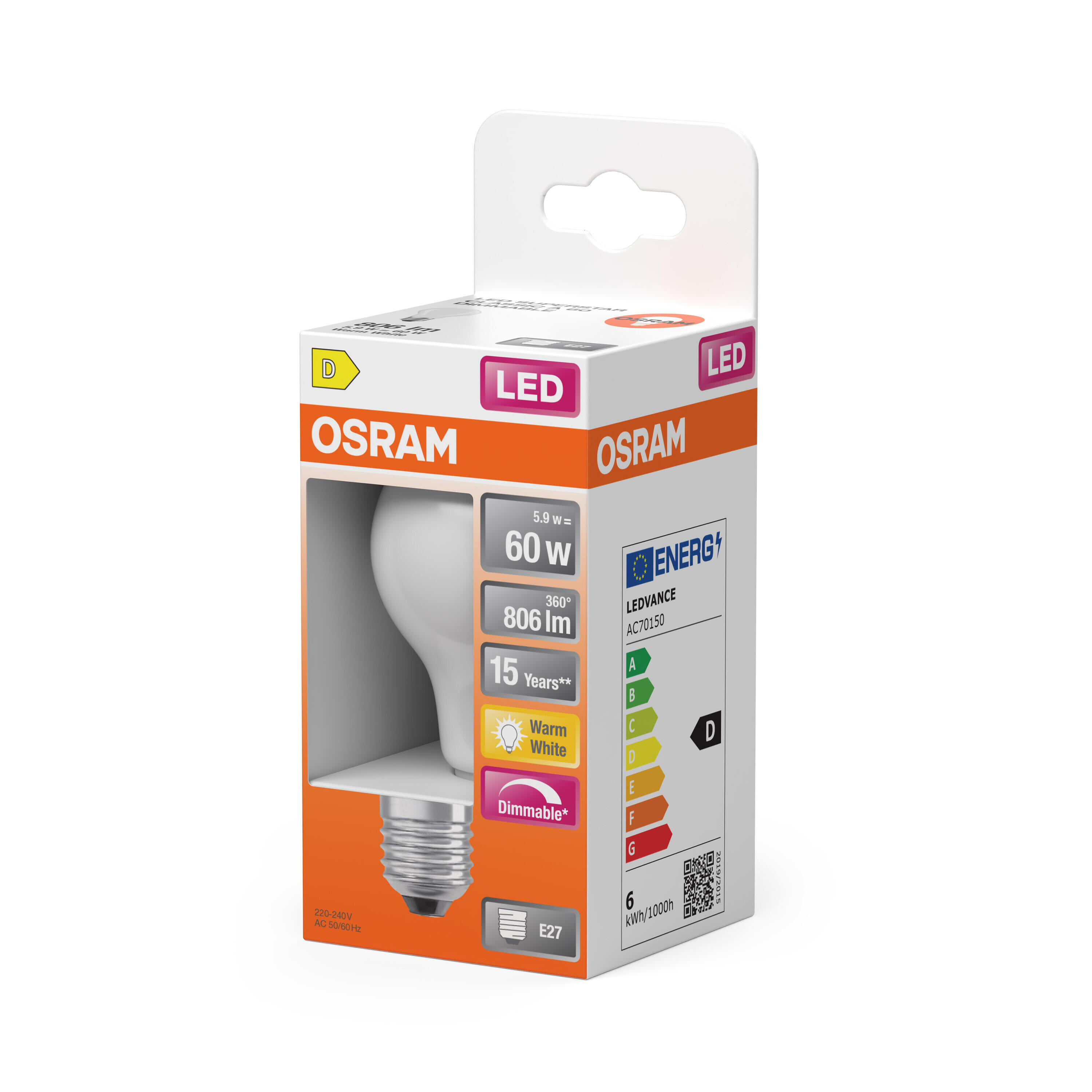 Ampoule led, E27, 806lm = 60W, blanc chaud, dimmable, OSRAM | Leroy Merlin