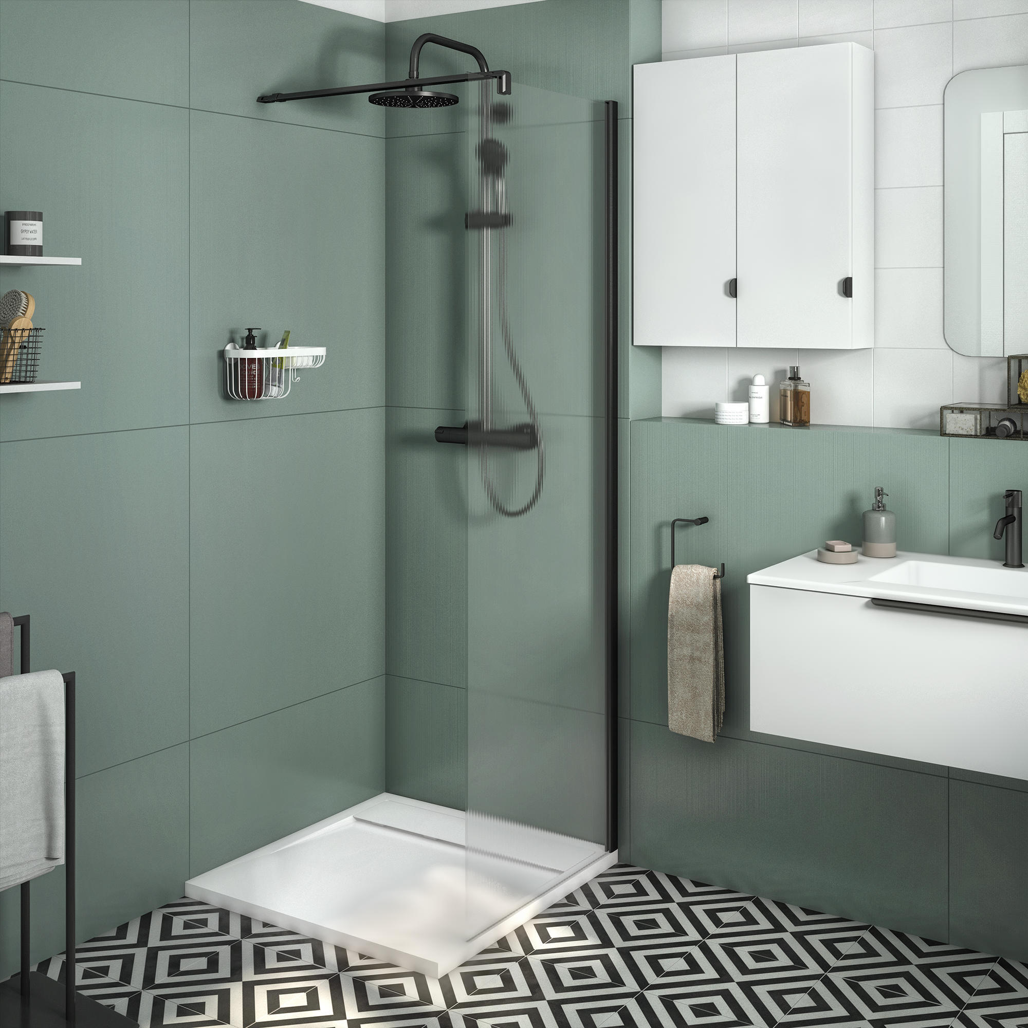 Mampara de ducha fija ranurado Neo perfil aluminio negro (68.6-69.5)+68 ...