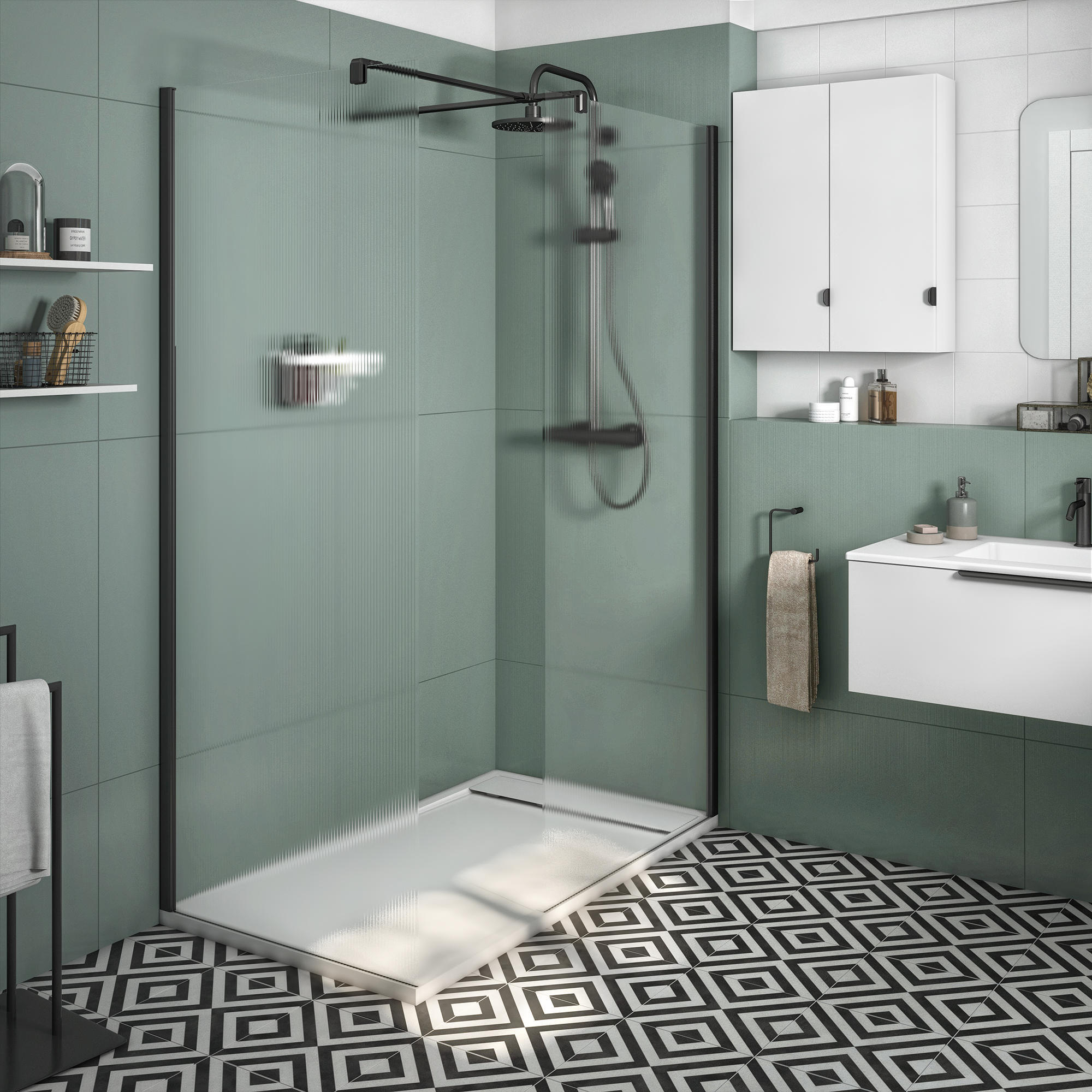 Mampara de ducha fija ranurada Neo perfil aluminio negro (78.6-79.5)+78 ...