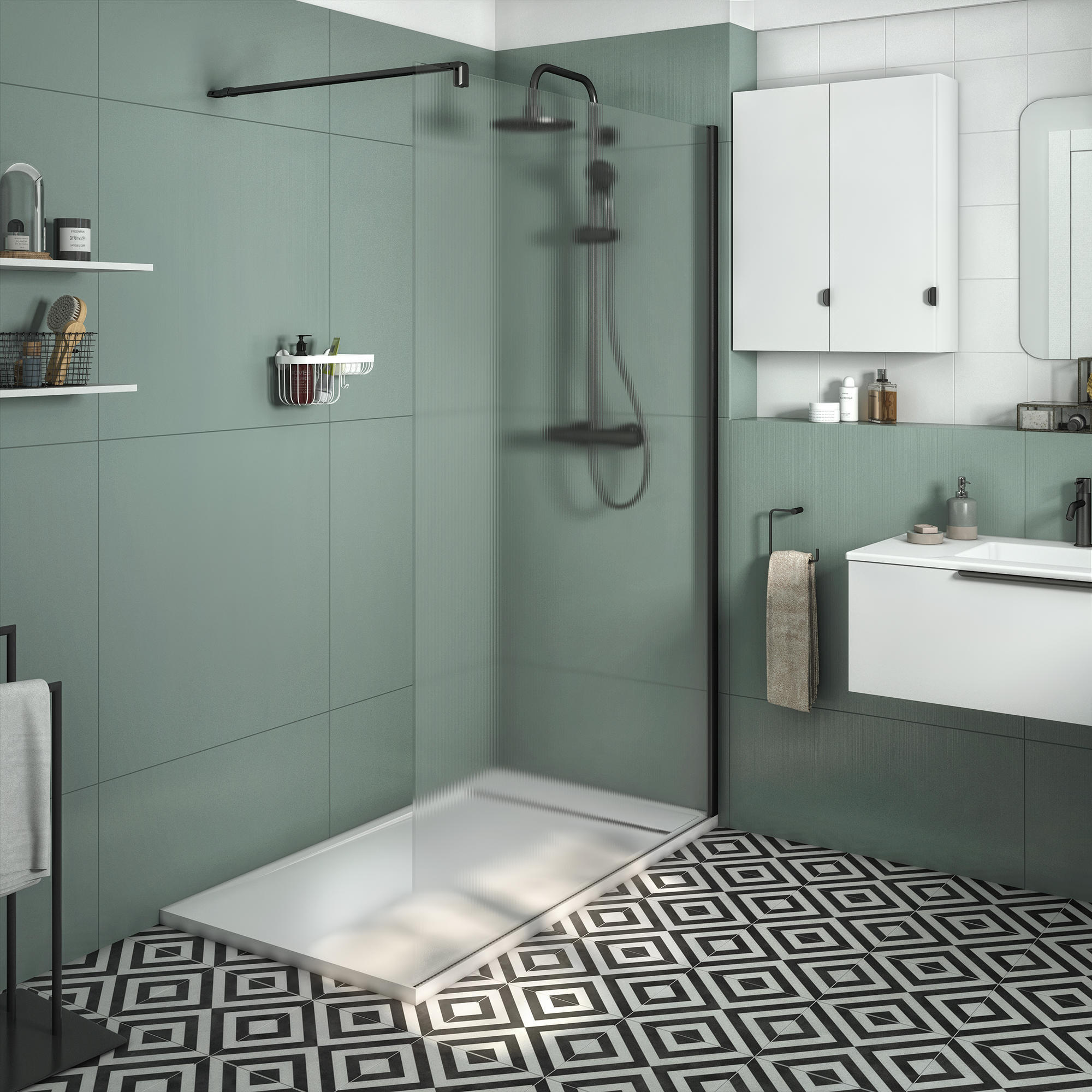 Mampara de ducha fija ranurada Neo perfil aluminio negro (138-139.5 ...