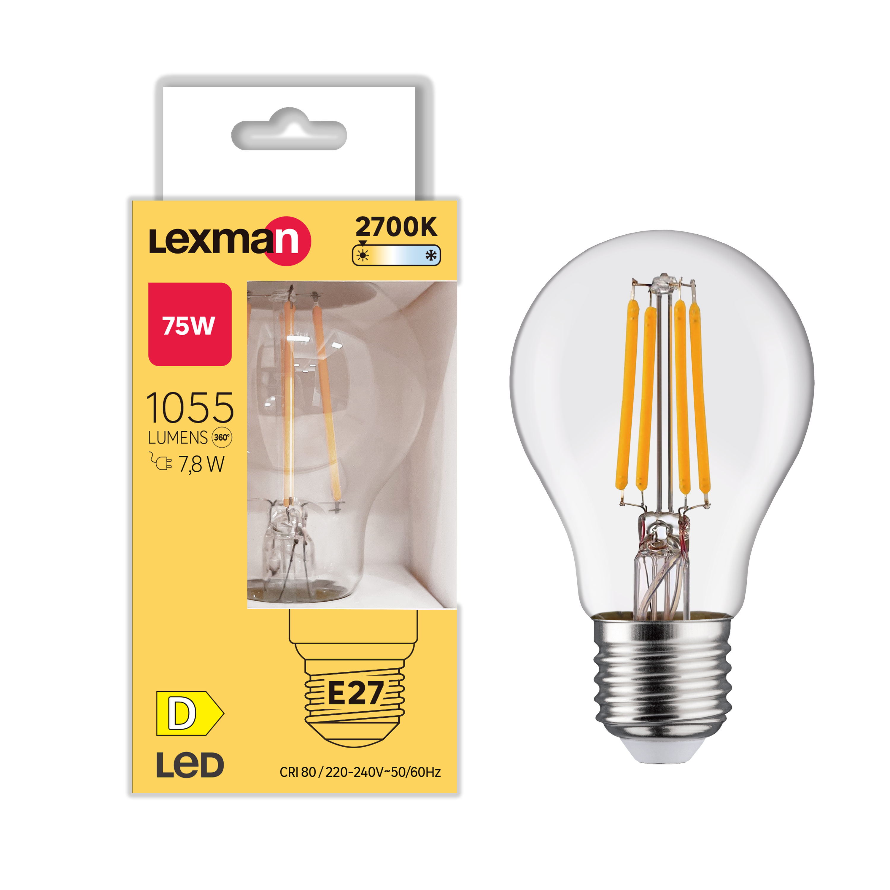 Lampadina LED filamento, E27 goccia, trasparente, luce calda, 7.8W ...