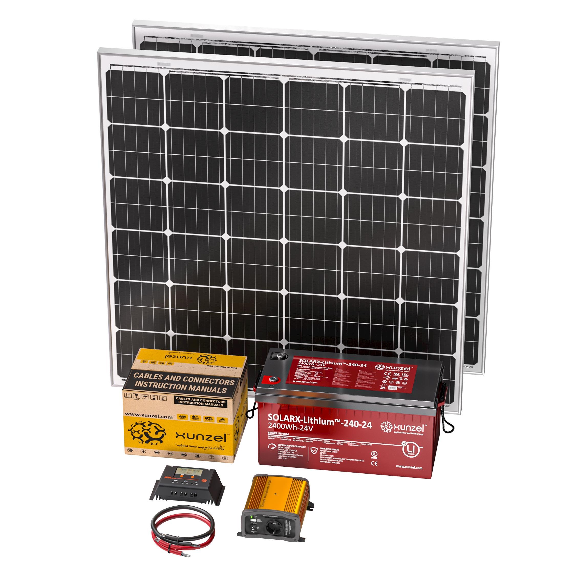 Kit solar litio aislado fotovoltaico Xunzel 2 paneles 180W + inversor 500W | Leroy Merlin
