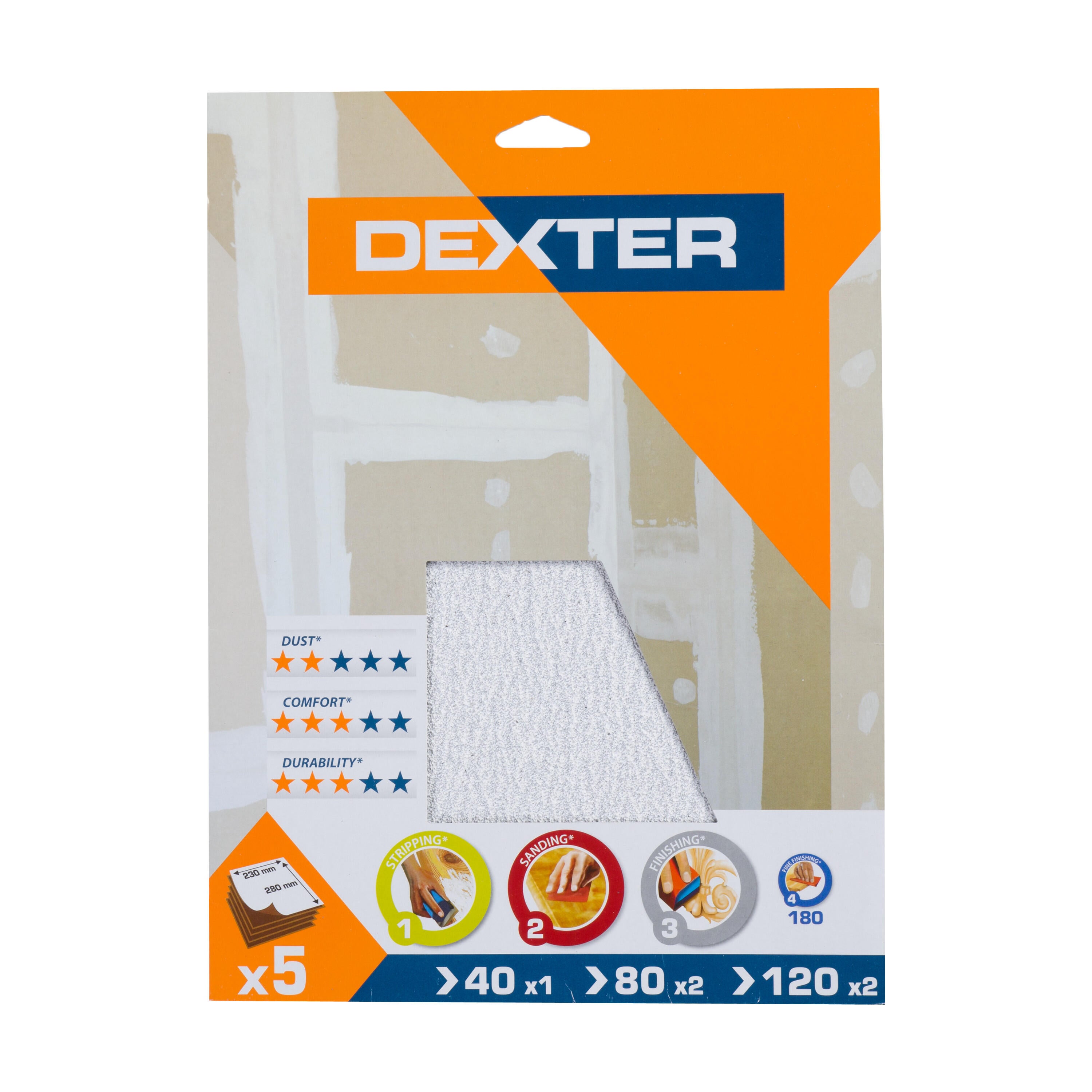 Lot de 5 feuilles abrasives DEXTER pour ponceuse spéciale plâtre, grains 220 | Leroy Merlin