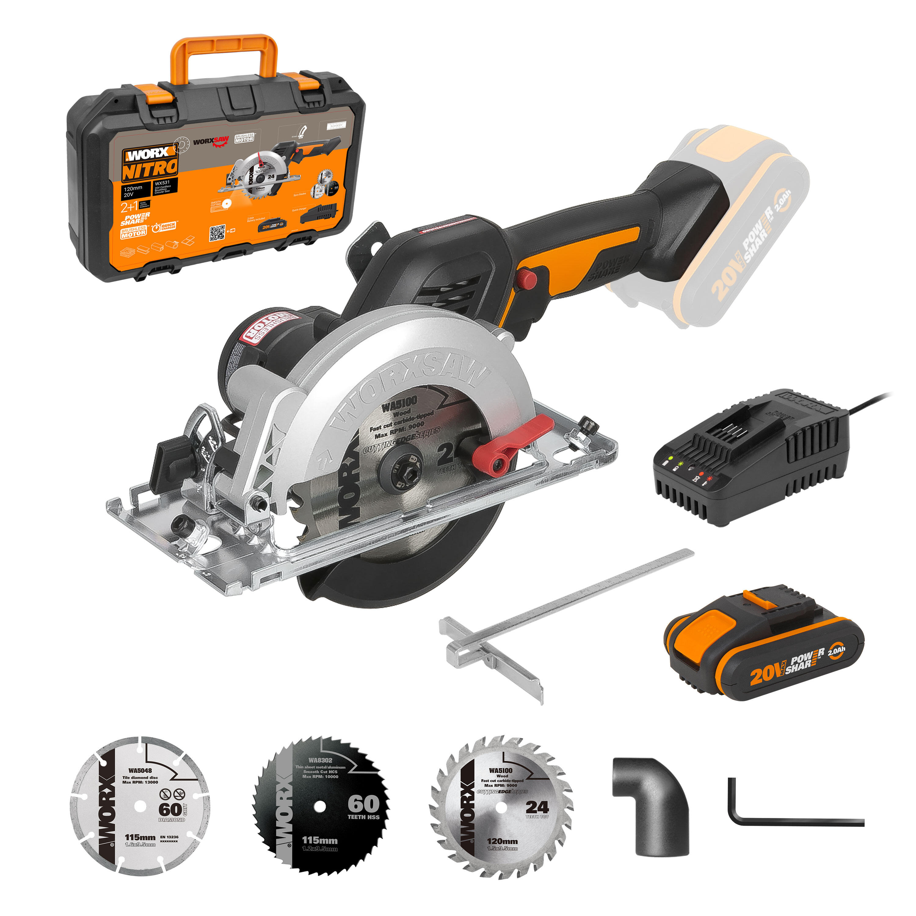 Mini sierra circular de mano a batería WORX XL, 20V ø 120 mm + discos ...