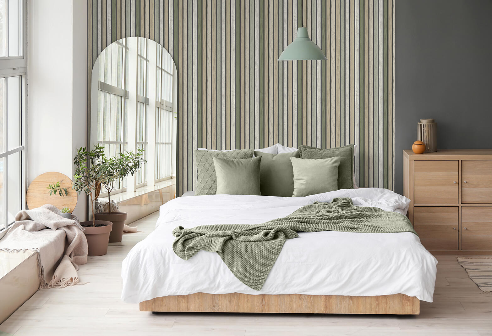 Papier peint vinyle sur intissé illusions camaieu lames vert | Leroy Merlin