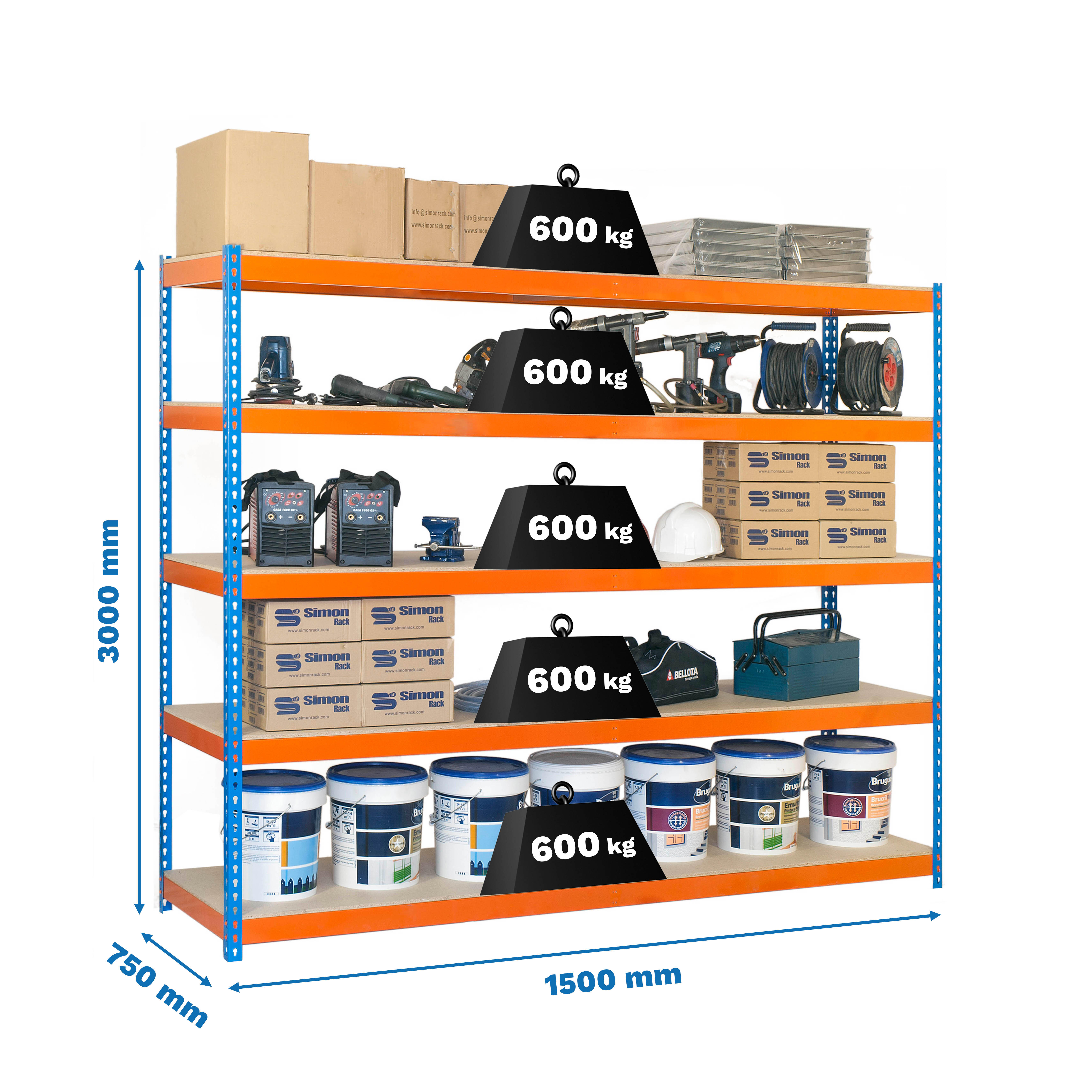 Estantería en kit de 300X150X75cm de carga máx. 600 kg por balda color ...