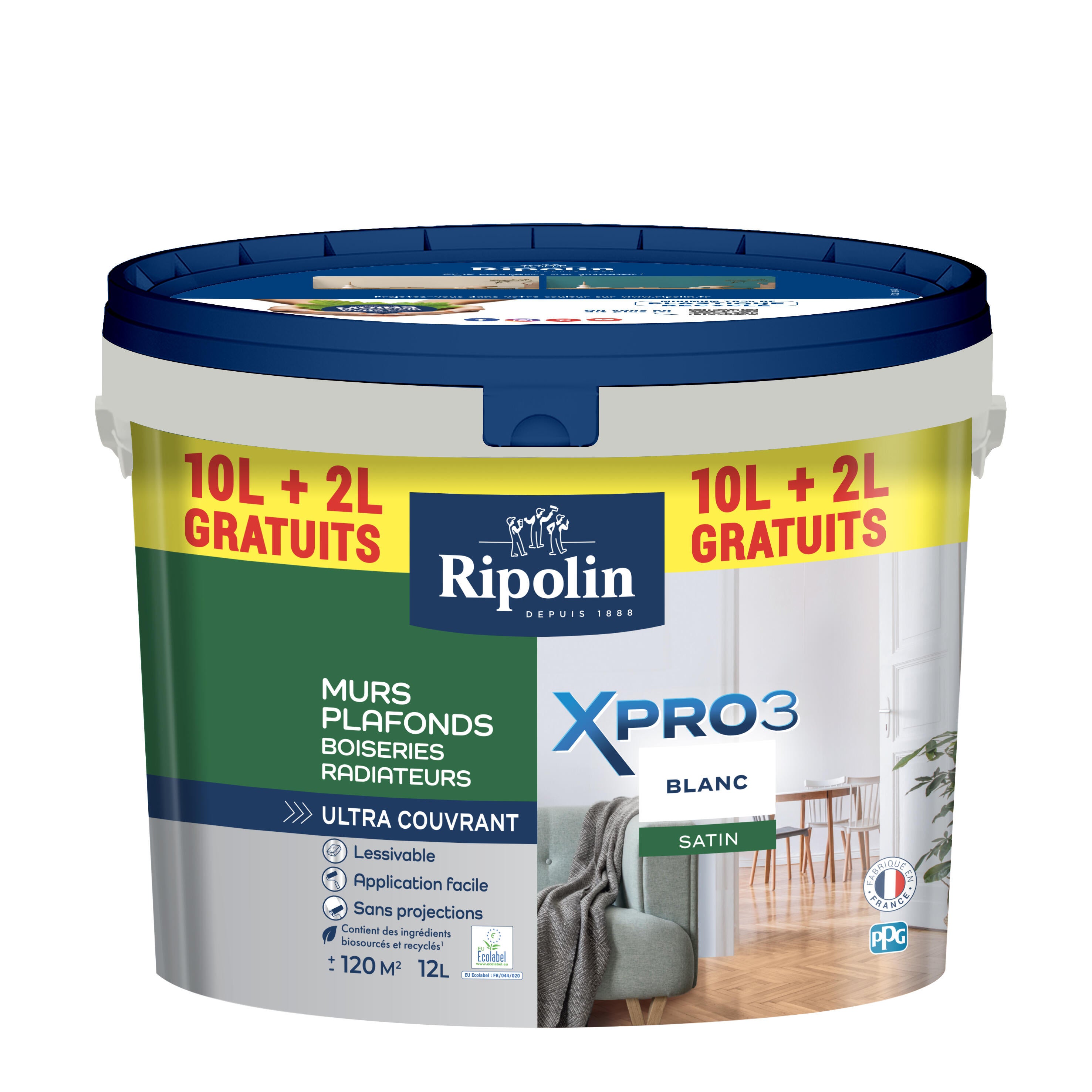 Peinture mur, plafond, boiserie blanc satin RIPOLIN Xpro3 10L+2L ...