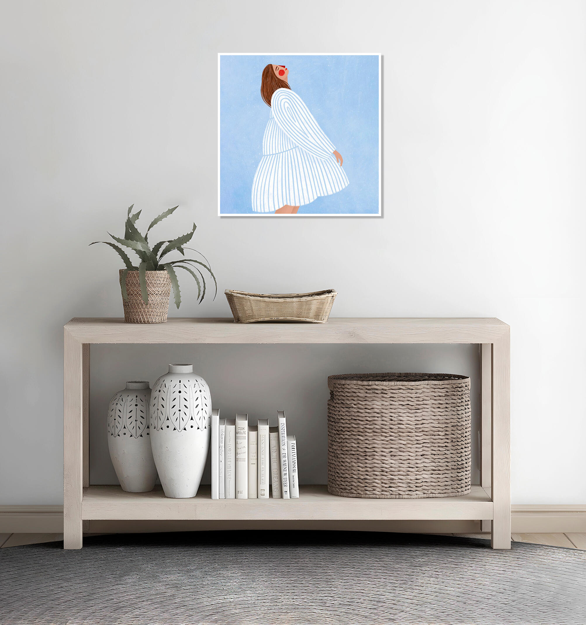 Cuadro con marco Mujer Vestido Rayas Azules 41 cm x 41 cm | Leroy Merlin