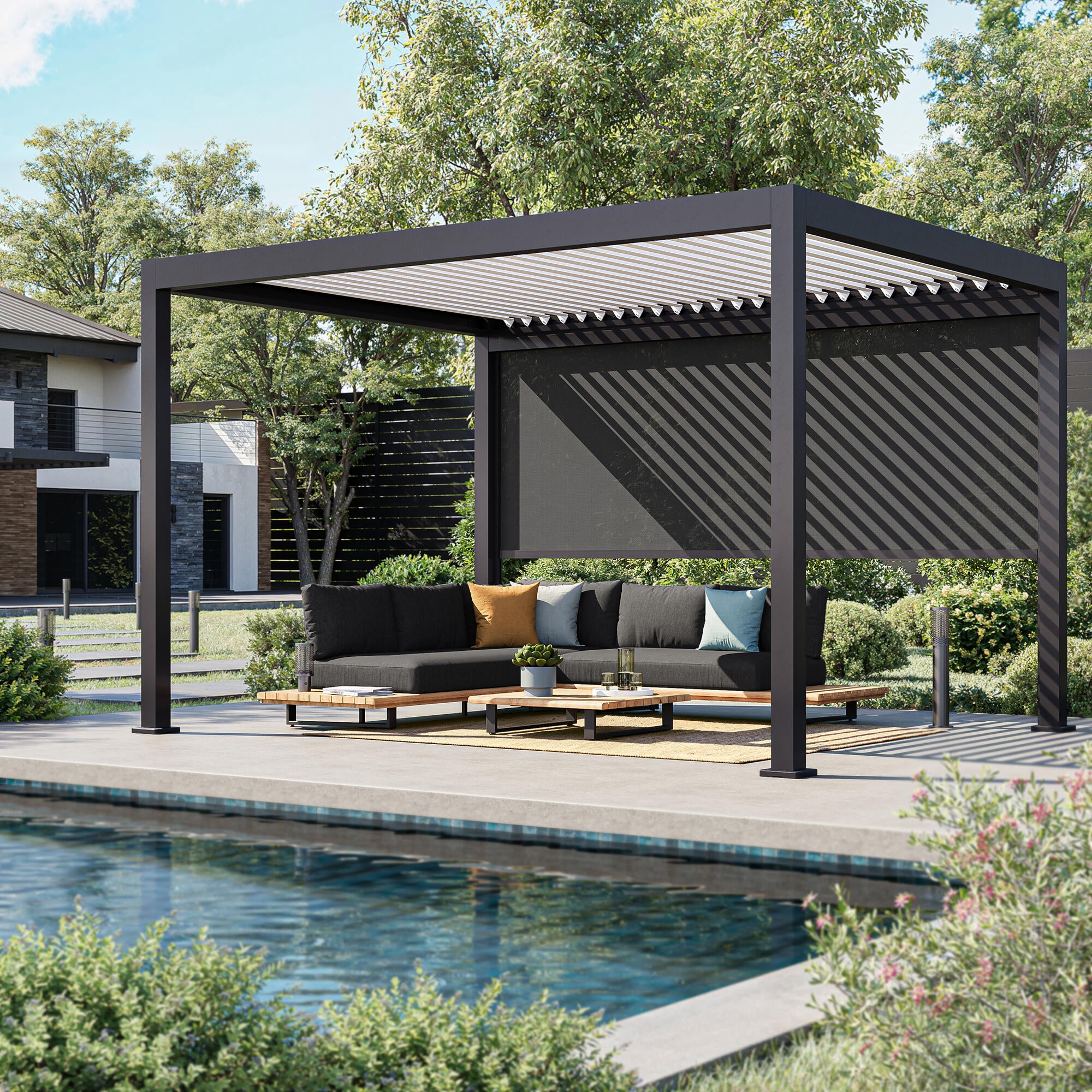 Pergola bioclimatique autoportante NATERIAL Astra alu gris anthracite ...
