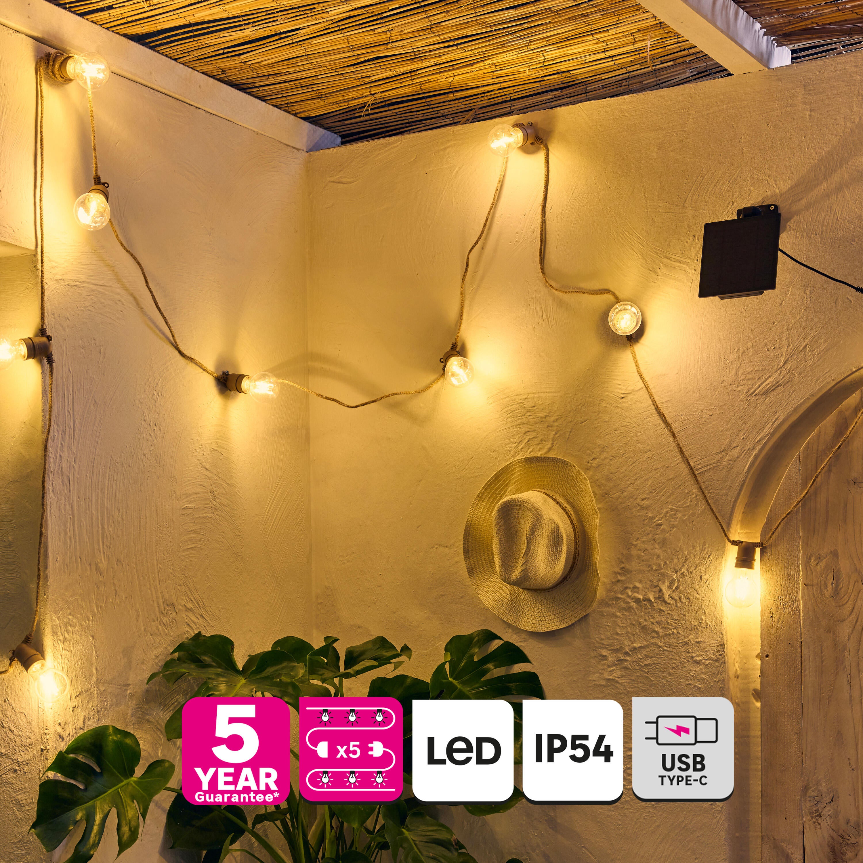 Guirnalda solar exterior LED 10 luces 10 m blanco cálido con sensor ...