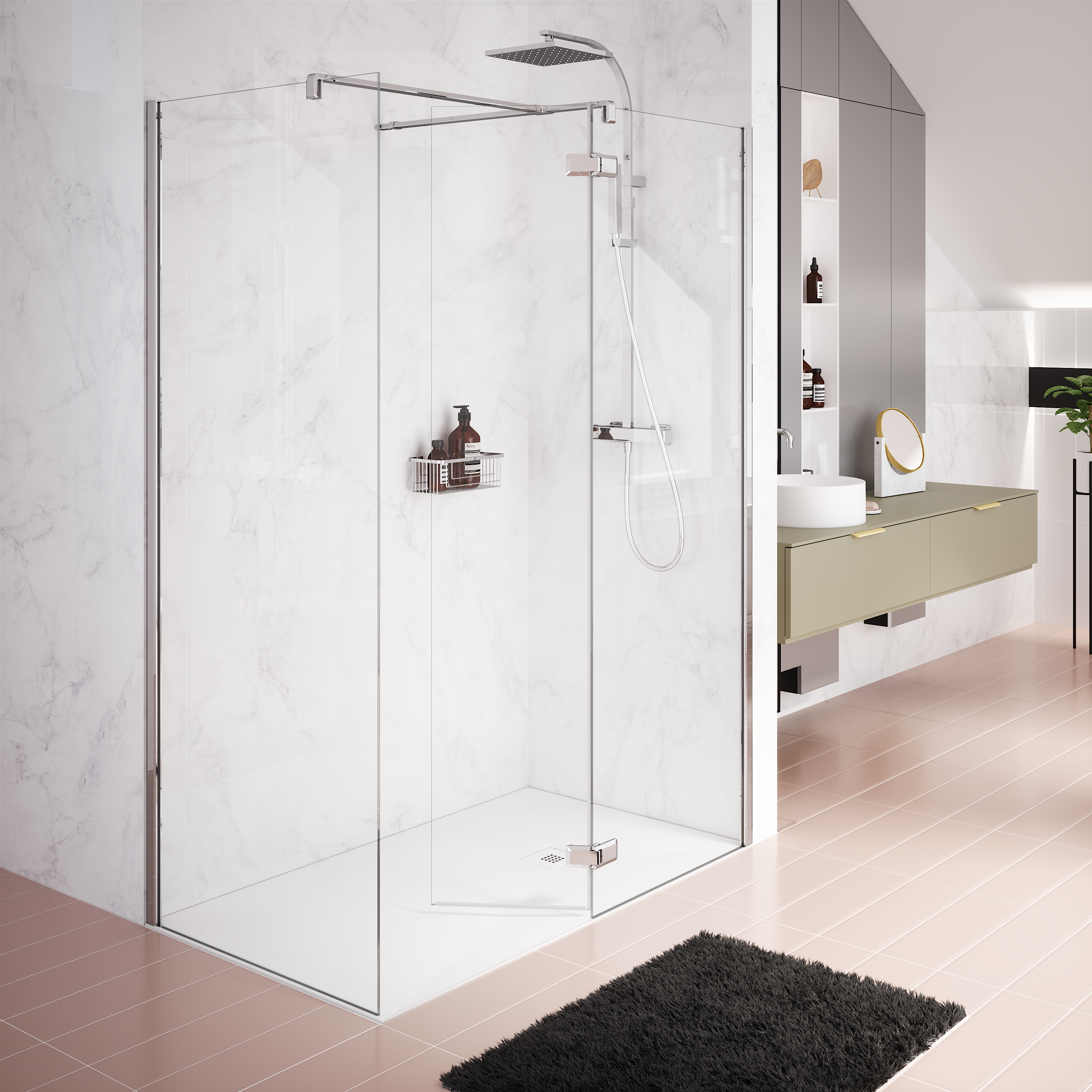 Mampara de ducha fija + abatible transparente Neo perfil aluminio cromo ...