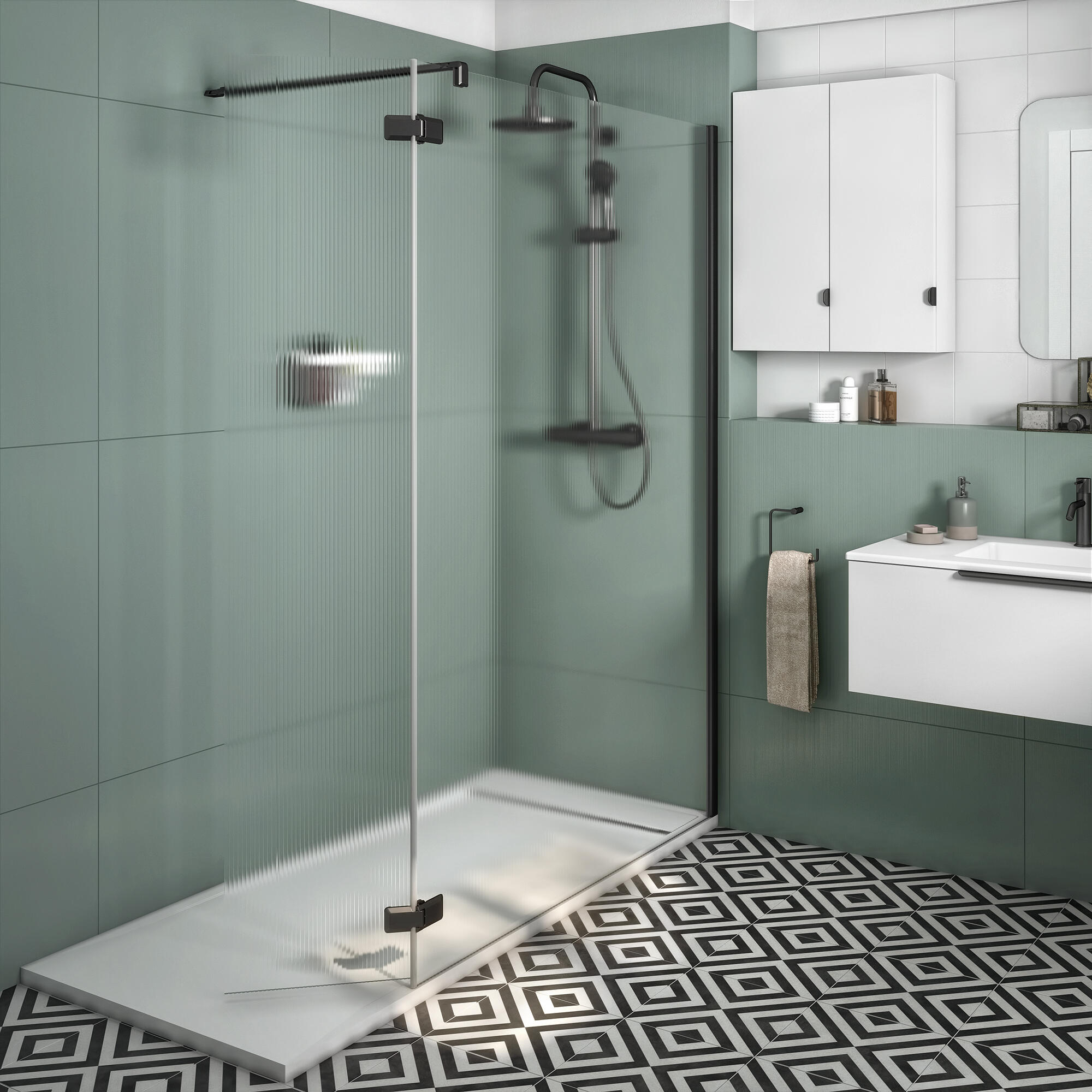 Mampara de ducha fija + abatible ranurado Neo perfil aluminio negro ...