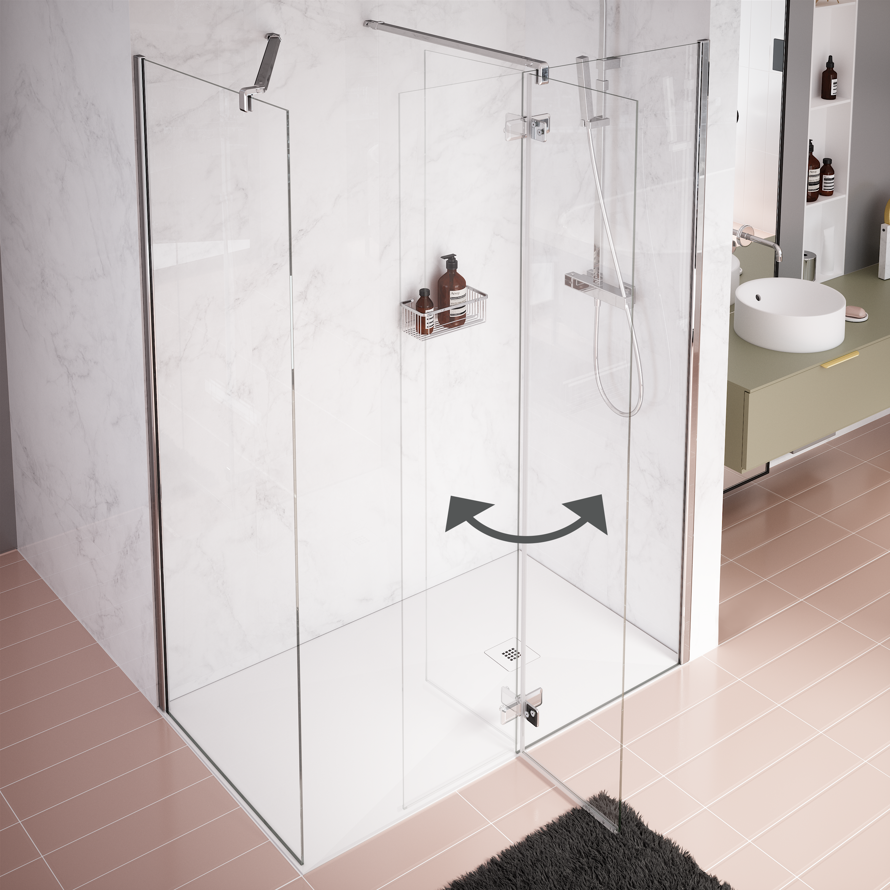 Mampara de ducha fija + abatible transparente Neo perfil aluminio cromo ...