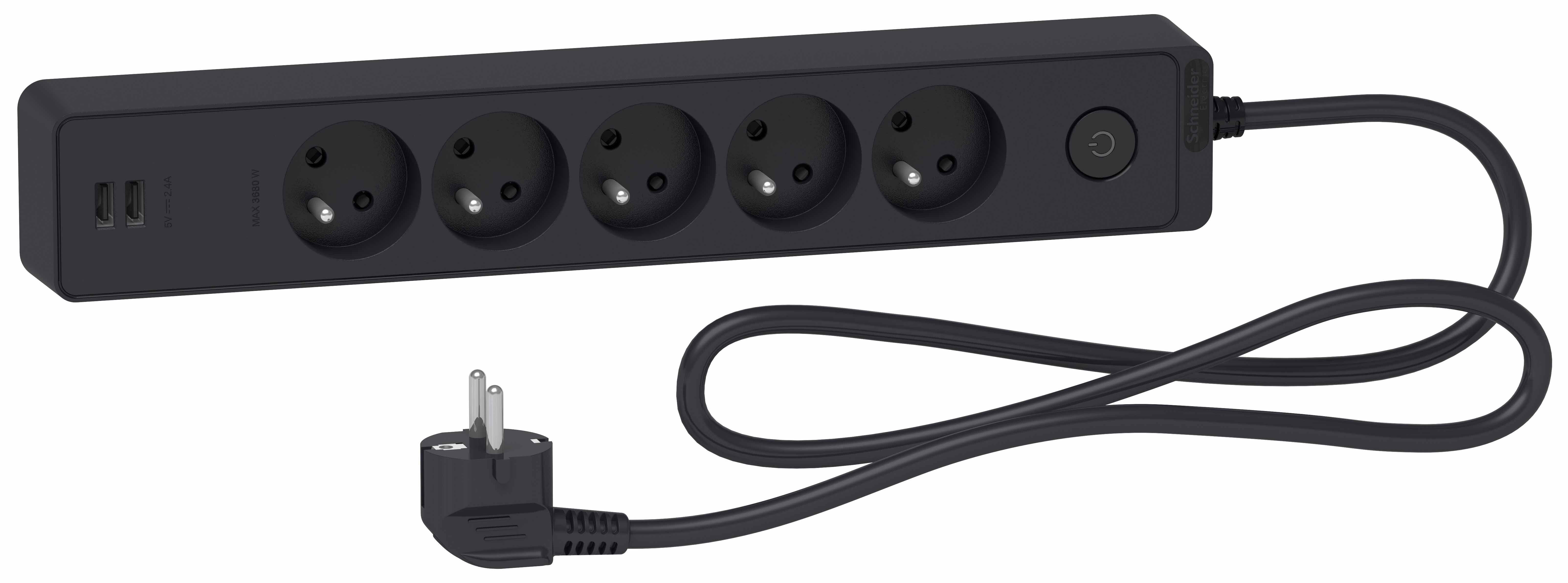 Multiprise filaire 5 prises + 2 usb 1.5m, SCHNEIDER ELECTRIC, noir ...
