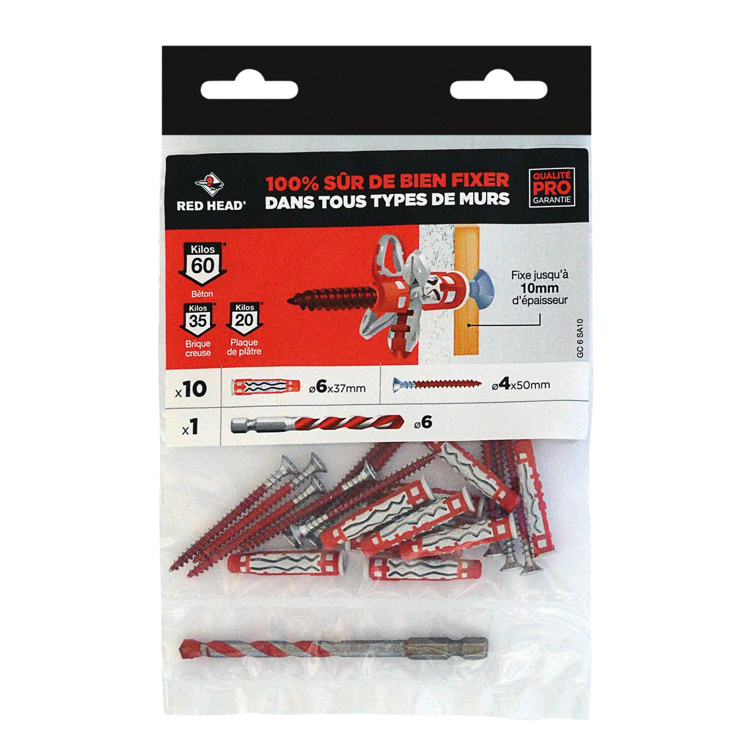 Lot de 10 Cheville murale avec vis mx gamme couleur RED HEAD, Ø6 x L.37 ...