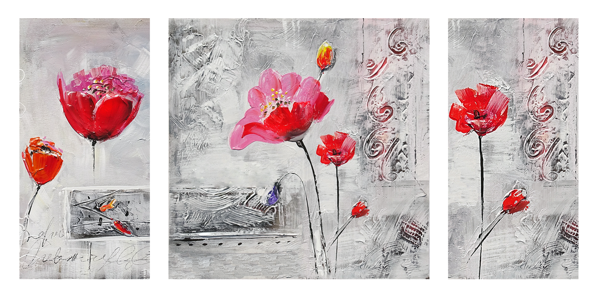Toile peinte Triptyque fleurs 2, multicolore l.140 x H.70 cm | Leroy Merlin