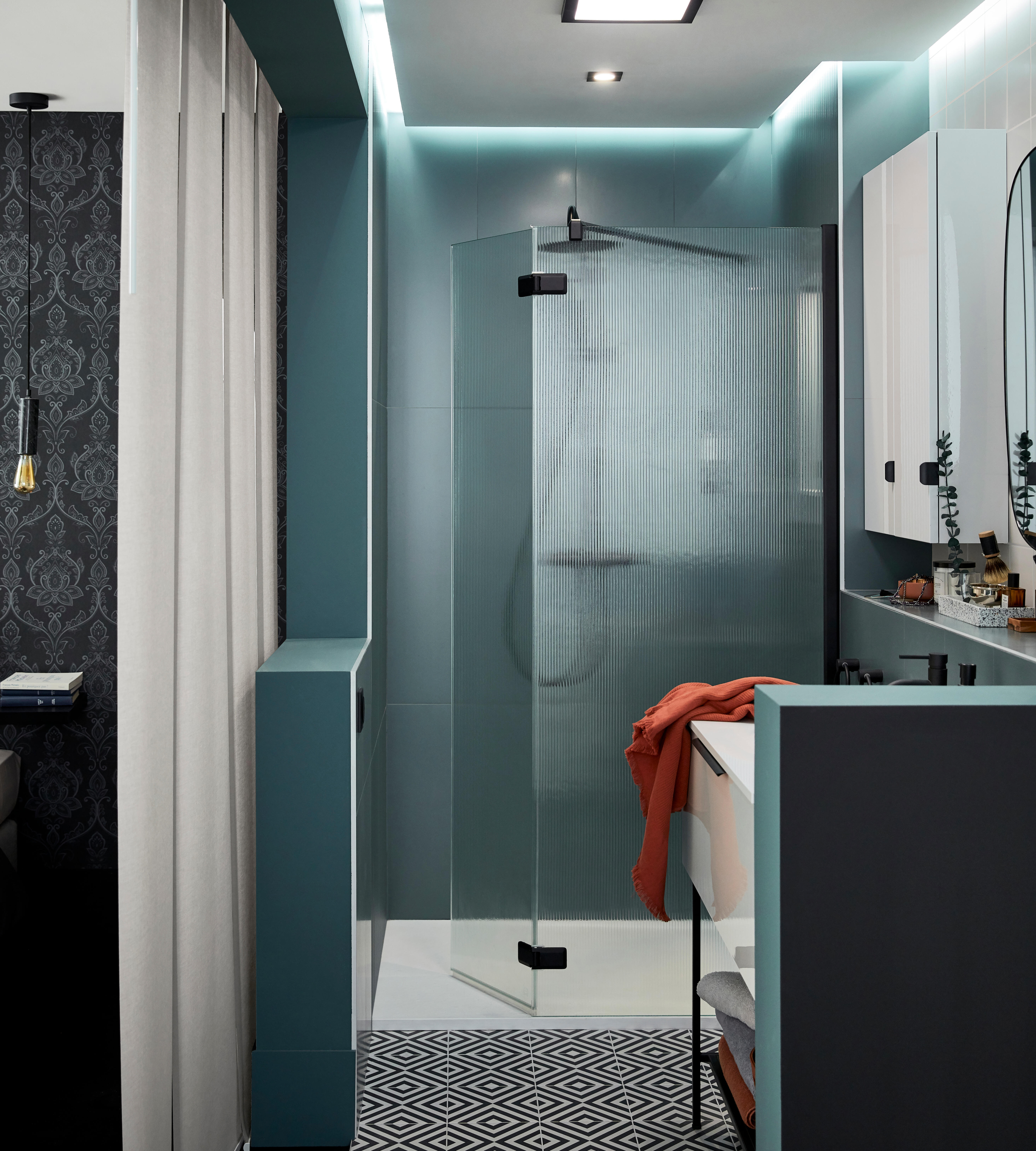 Mampara de ducha fija + abatible ranurado Neo perfil aluminio negro ...