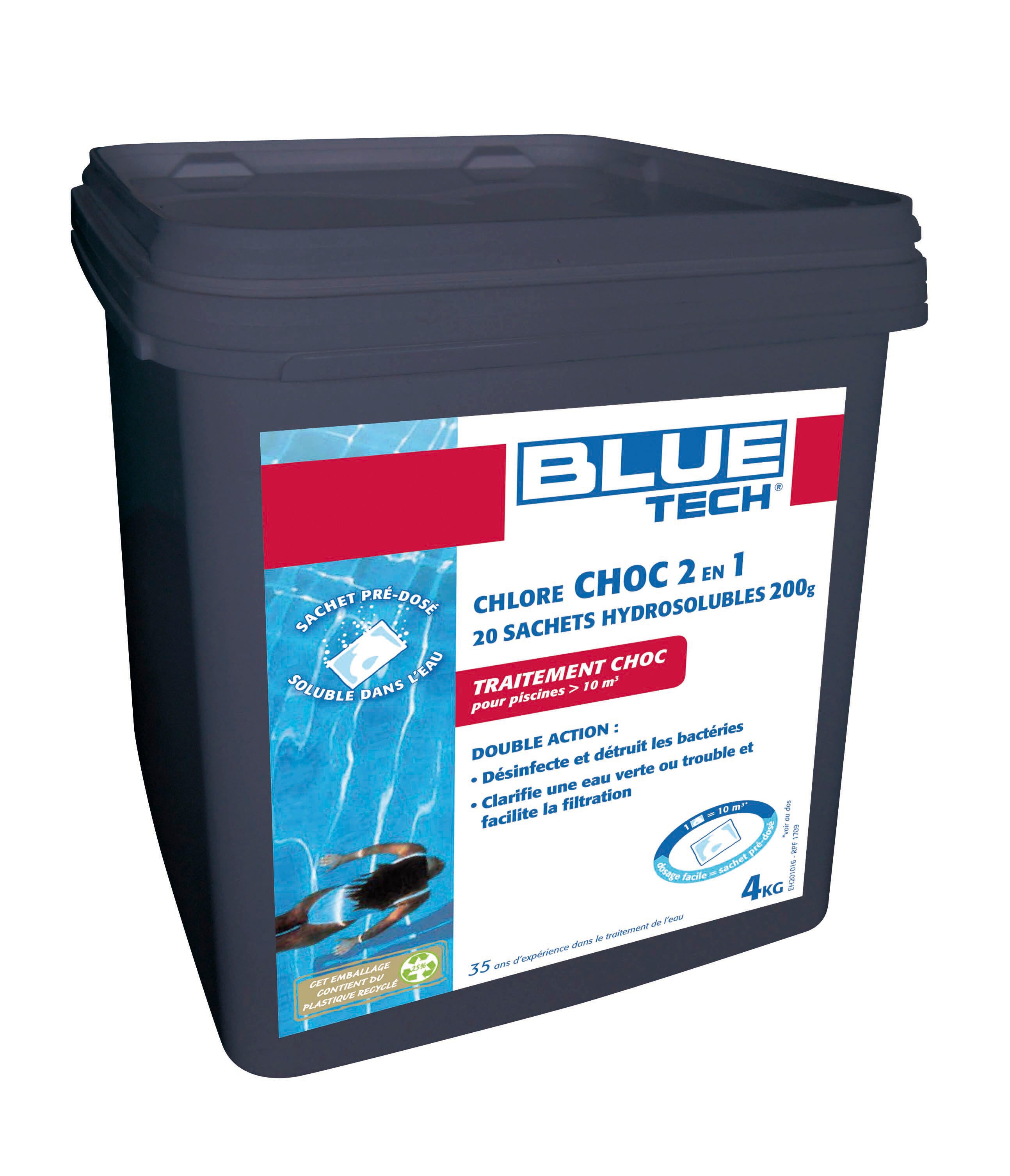 Chlore choc piscine BLUE TECH Choc 2 en 1 sachet hyrdosoluble 4 kg, en poudre | Leroy Merlin