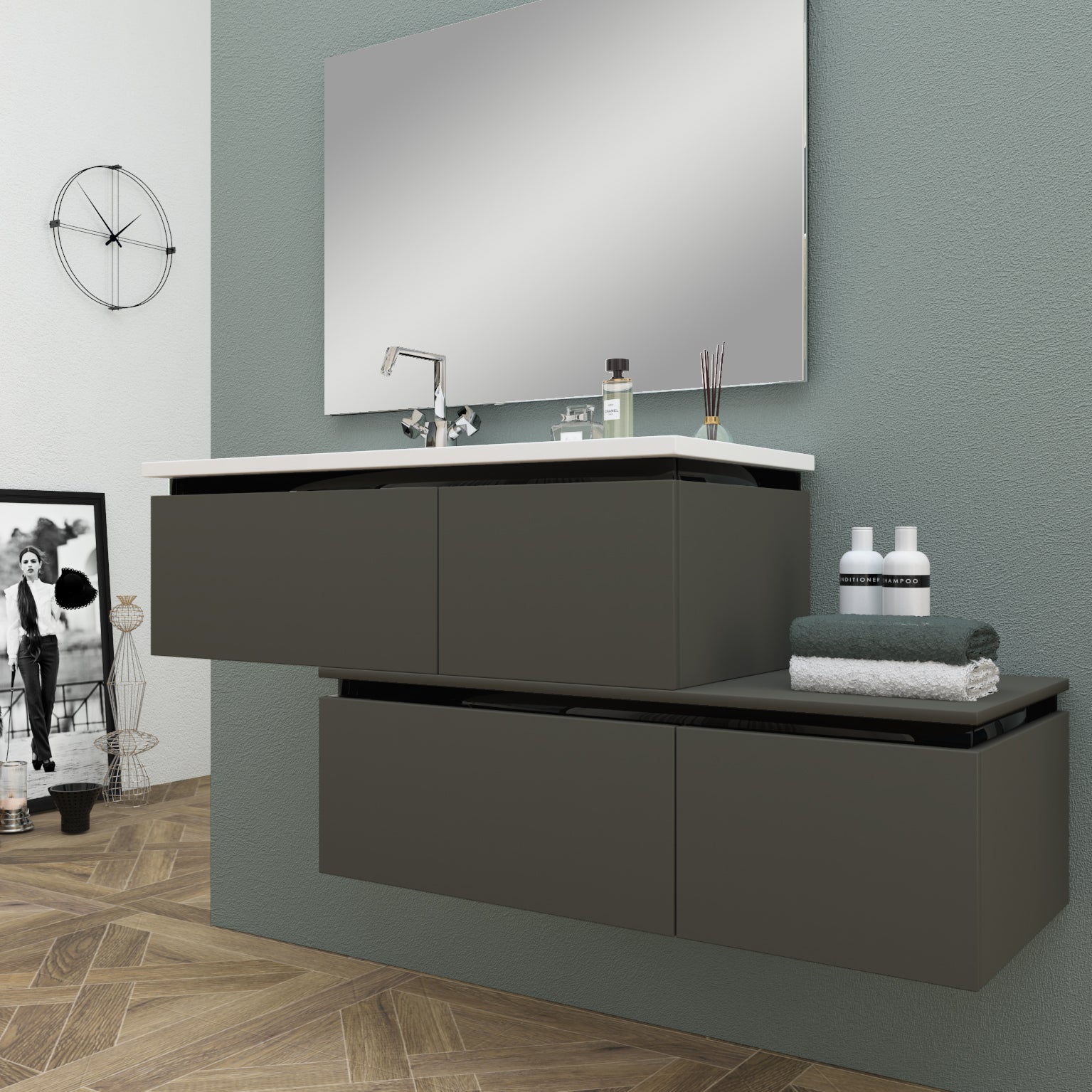 Meuble simple vasque, . l.100 x H.30 x P.45 cm, gris poivre, Avril ...