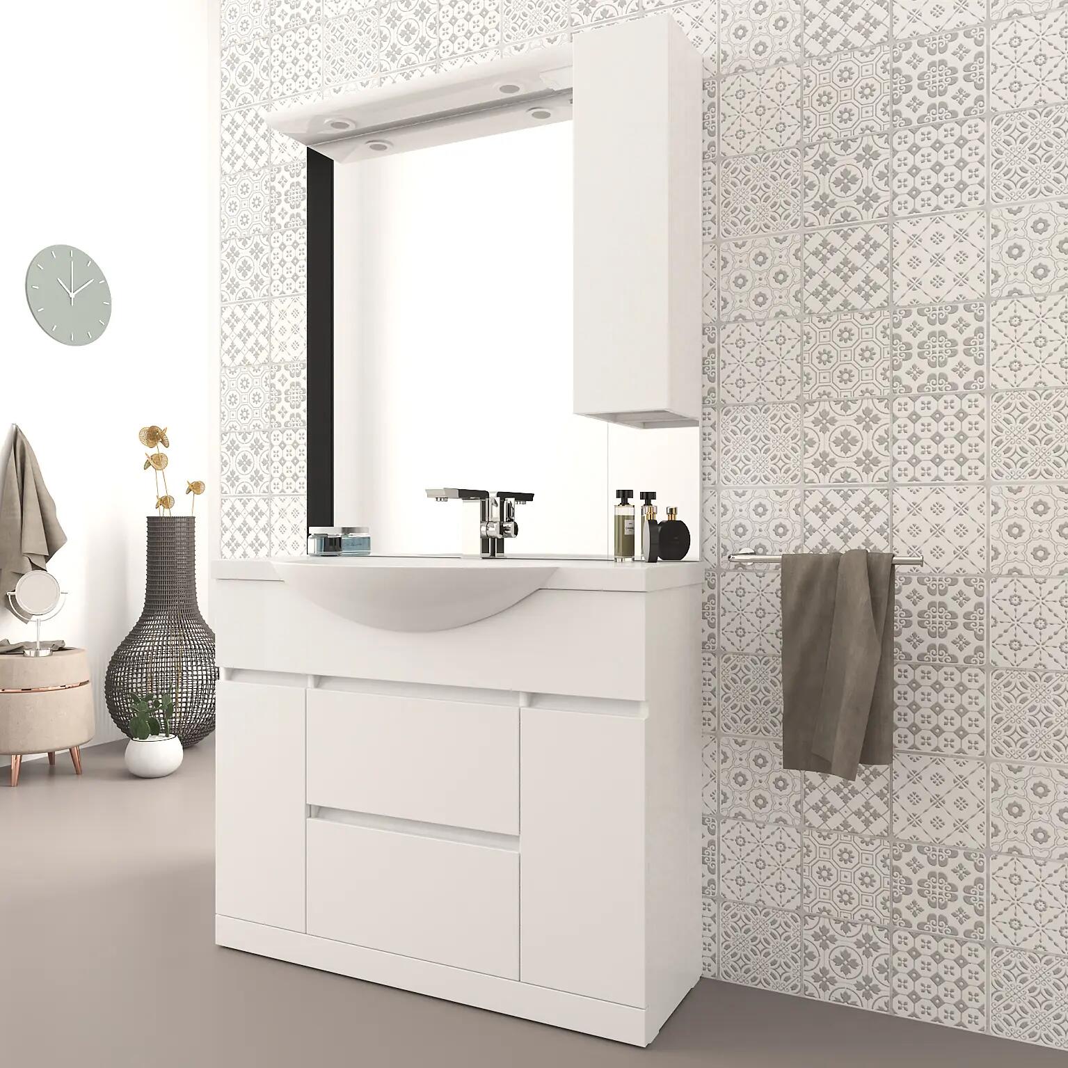 Ensemble de meuble, vasque et miroir l.100 x H.190 x P.33.5 cm, blanc brillant, | Leroy Merlin