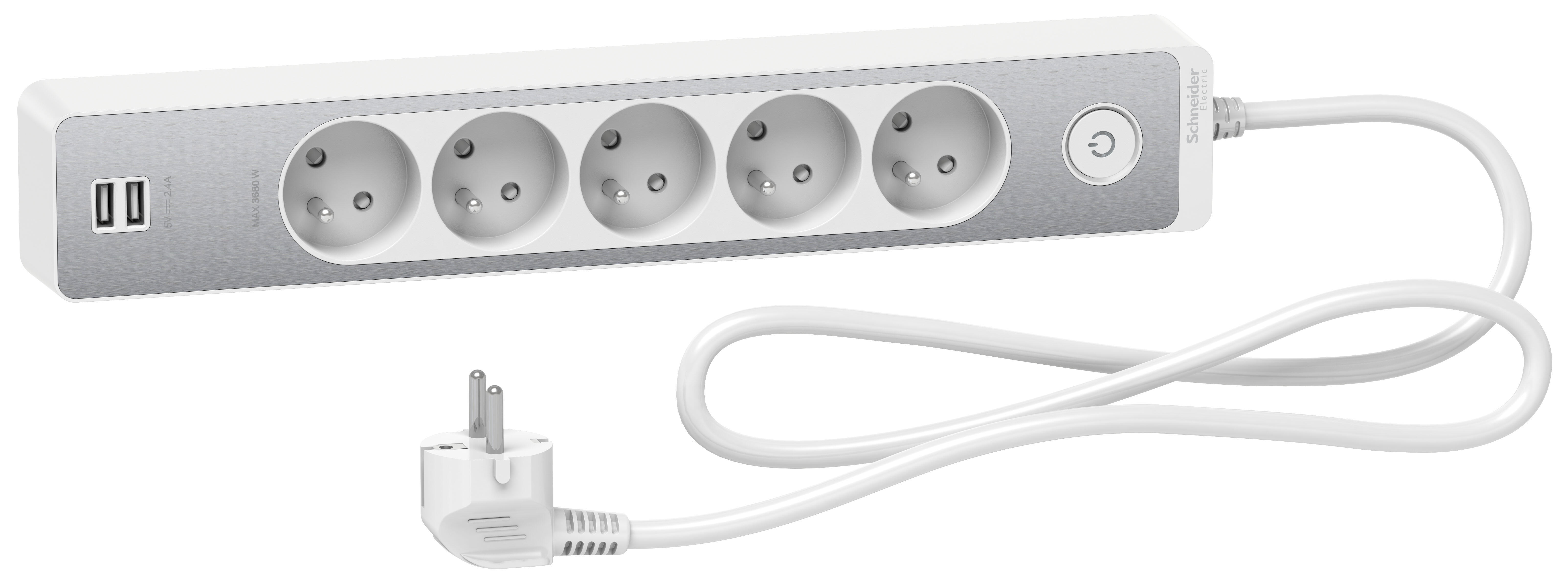 Multiprise filaire 5 prises + 2 usb 1.5m, SCHNEIDER ELECTRIC, blanc ...