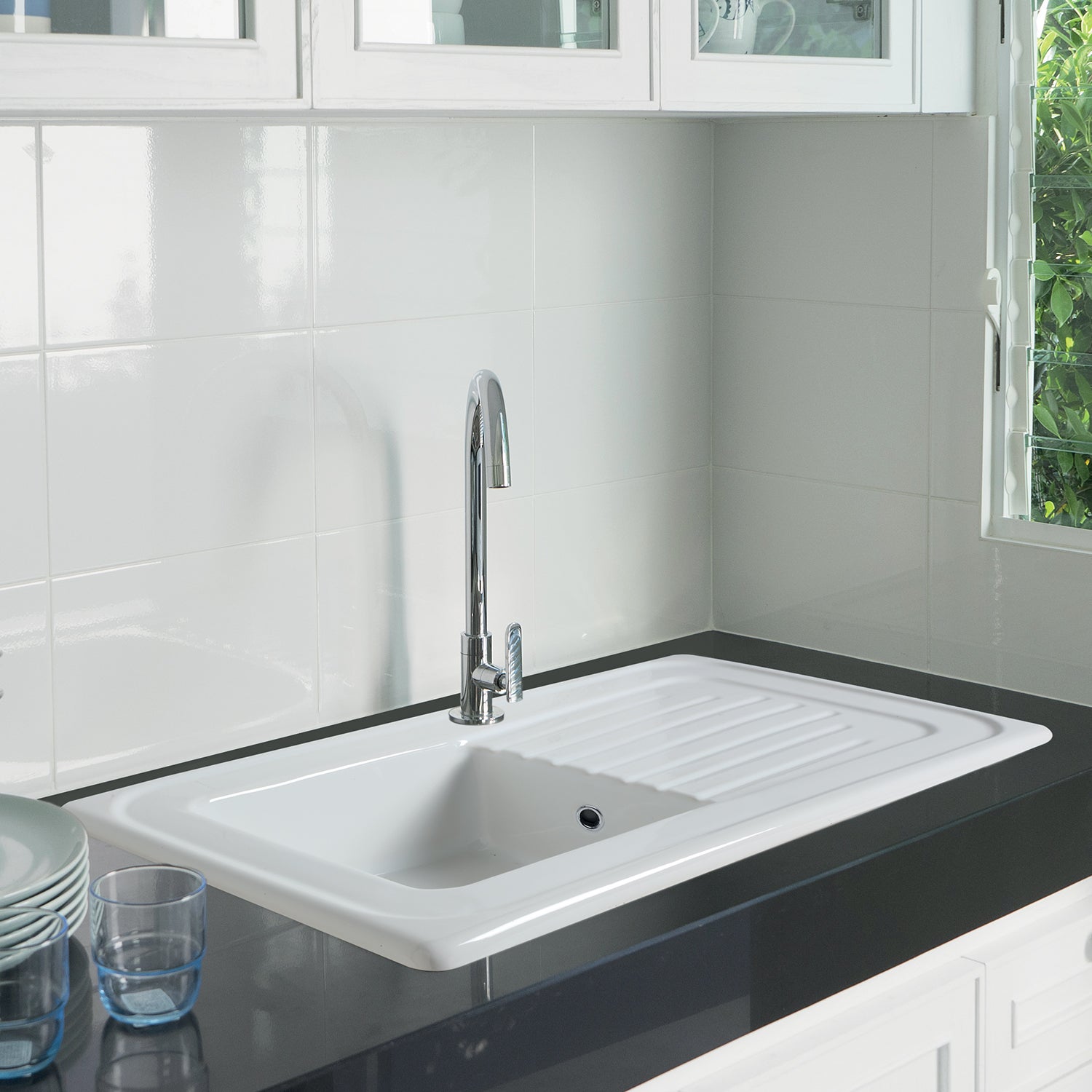 Evier à encastrer 1 bac avec égouttoir, Grès, ICEBERG Blanc | Leroy Merlin