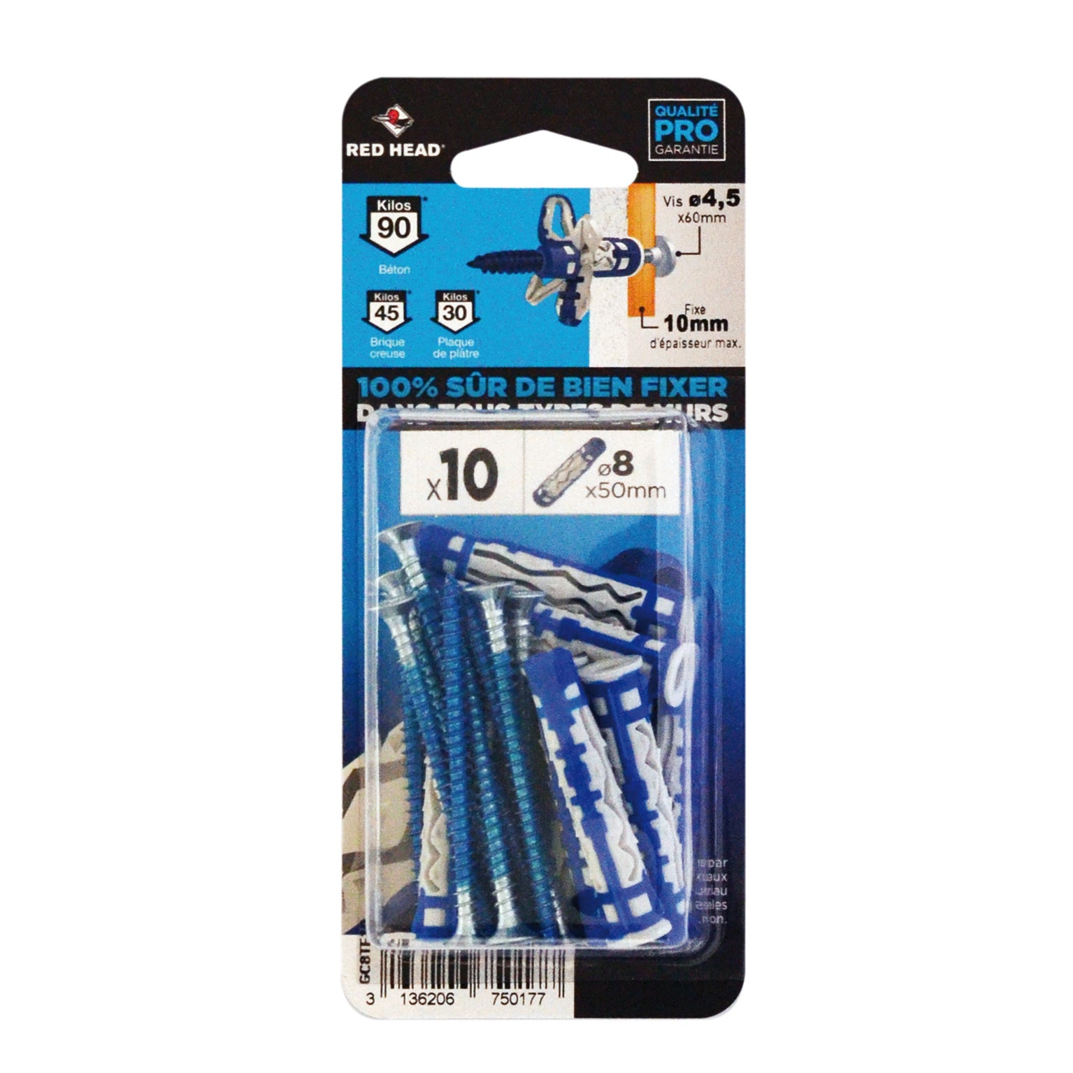 Lot de 10 Cheville pour tout type de mur mx gamme couleur RED HEAD, Ø8 ...