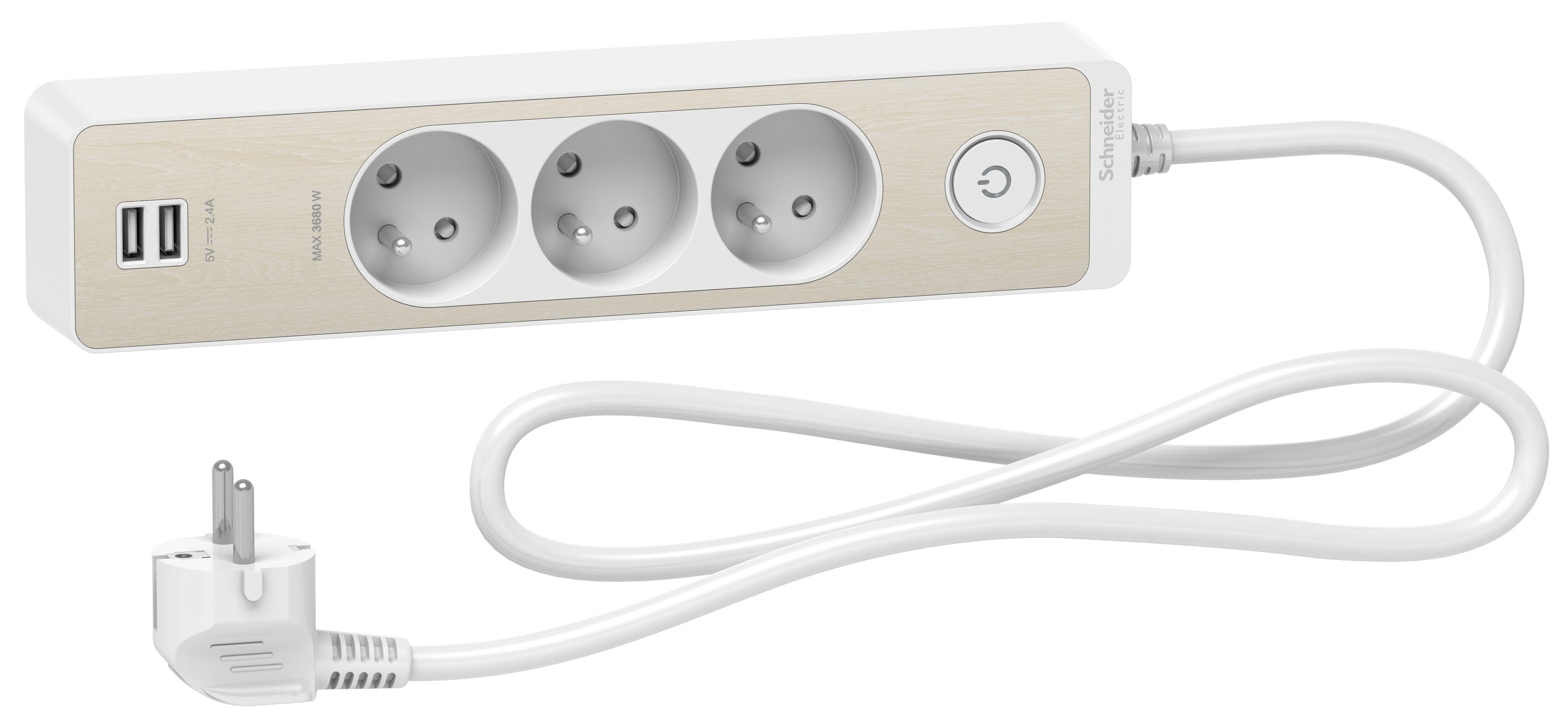 Multiprise filaire 3 prises + 2 usb 1.5m, SCHNEIDER ELECTRIC, blanc ...
