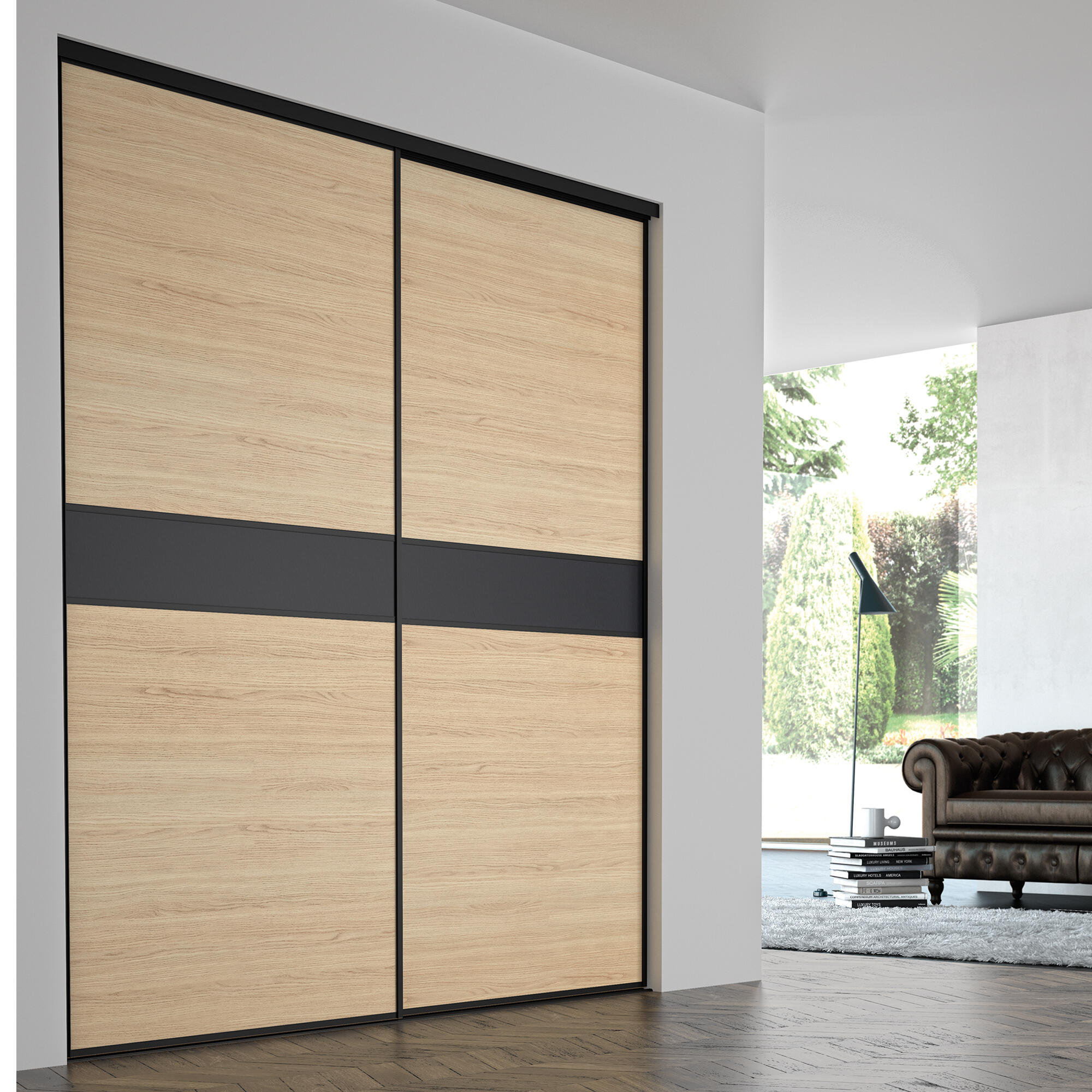 Porte de placard coulissante sur-mesure ILLIKO Chêne marbré / réglisse ...