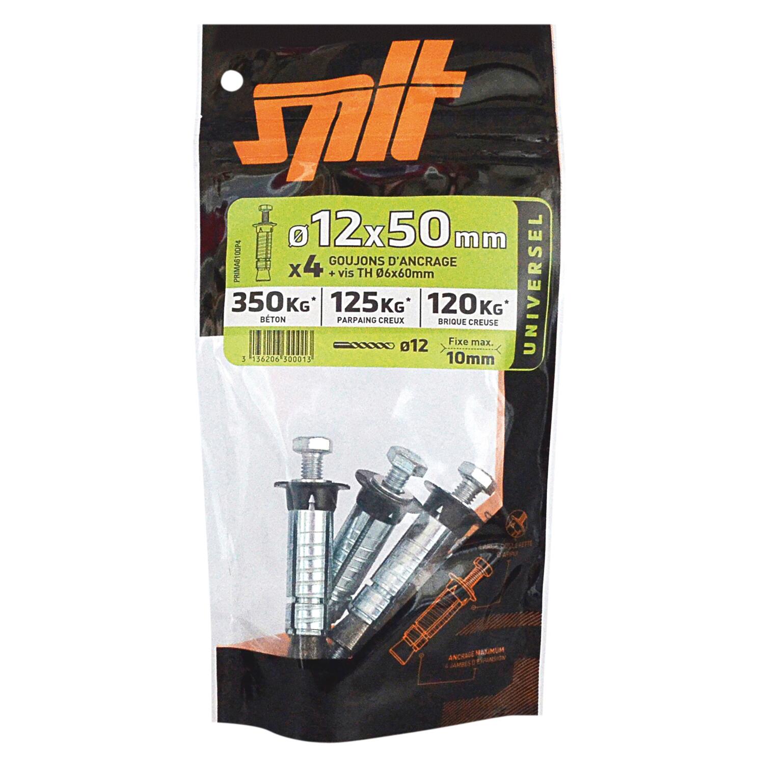 Lot de 4 Cheville murale avec vis prima PRIMA610DP4 SPIT, Ø12 x L.50 mm ...