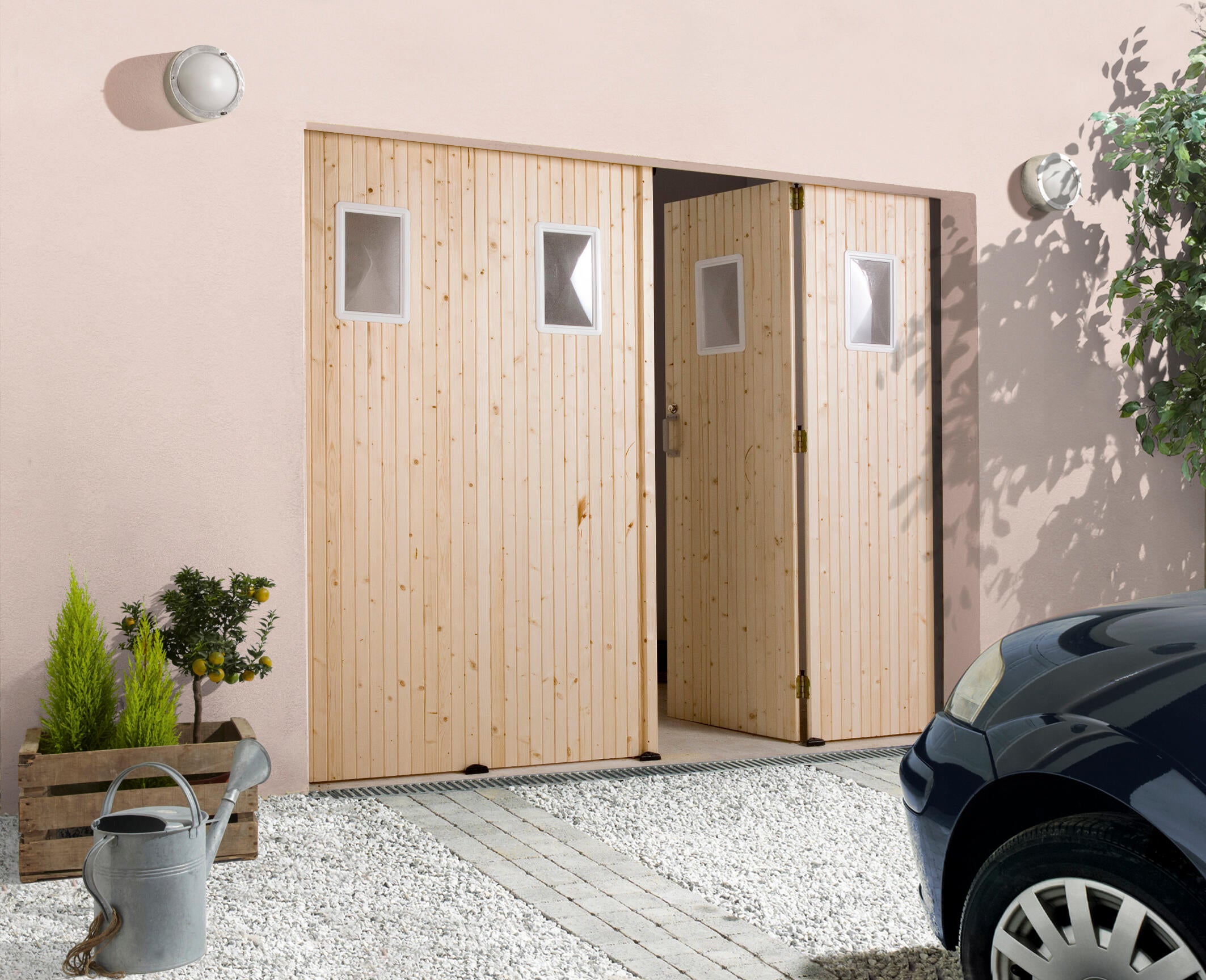 Porte garage pliante manuelle PRIMO Sapin/hublots H.200 x l.240 | Leroy ...
