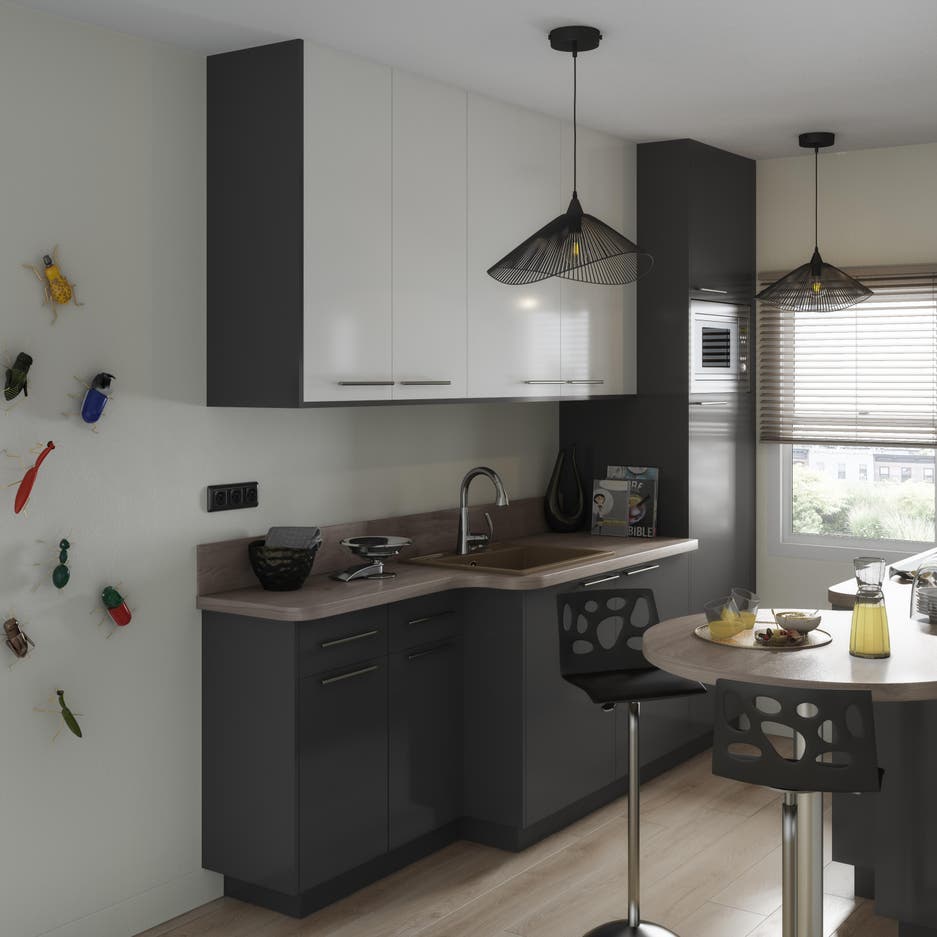 Petite cuisine gris et blanc avec plan snack | Leroy Merlin