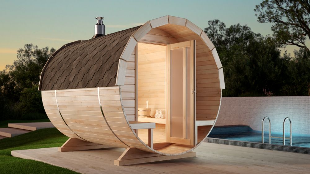 Sauna tonneau Méribel FinnTherm, 2.2x2.8m dim. ext. (cas échéant incl ...