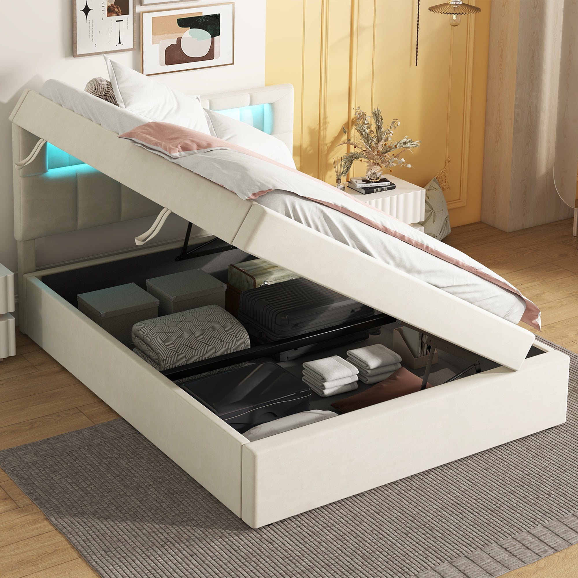 Cama plana 90x200 cm tapizada en terciopelo beige, con luz ambiental ...