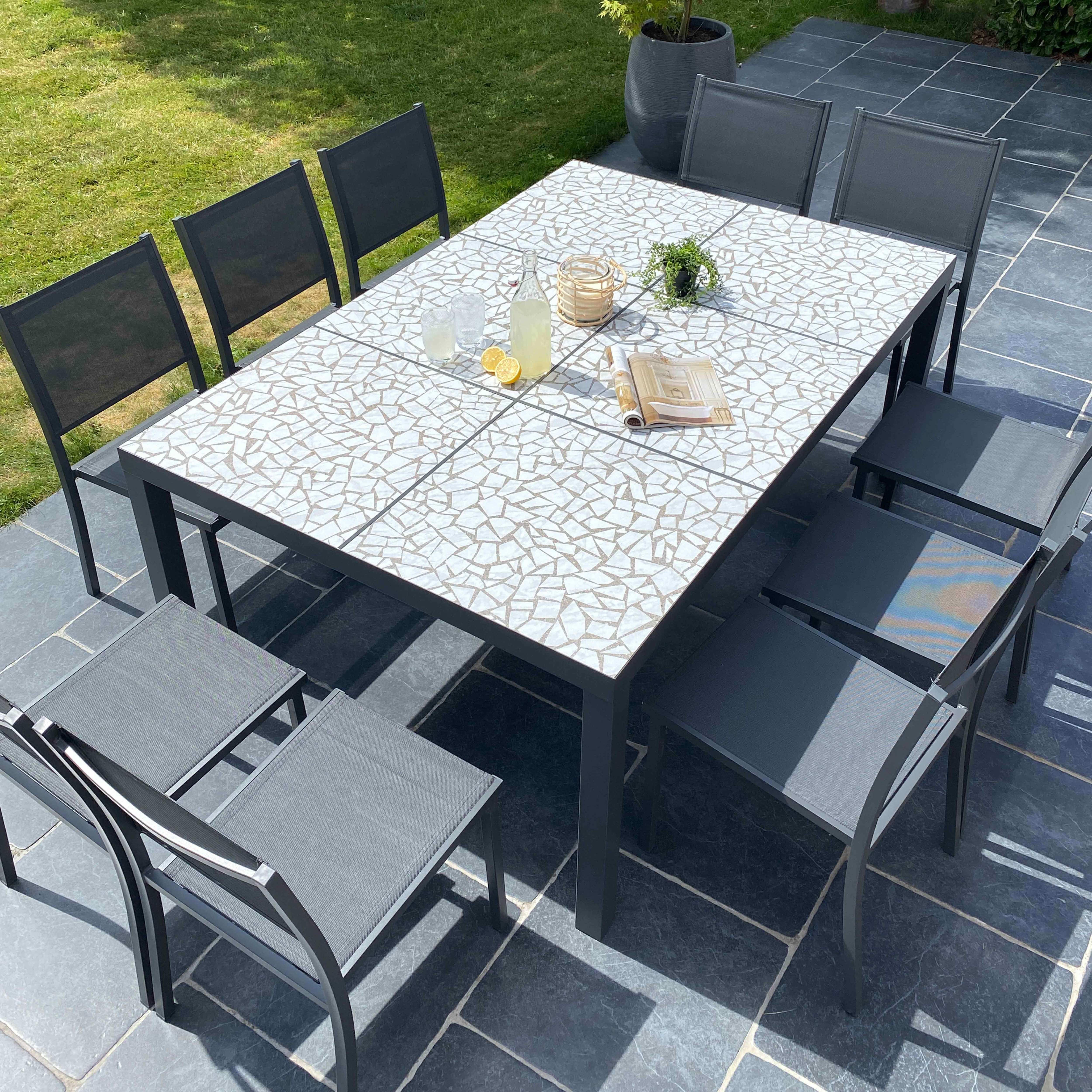 Ensemble table de terrasse en céramique effet mozaic avec 10 chaises ...