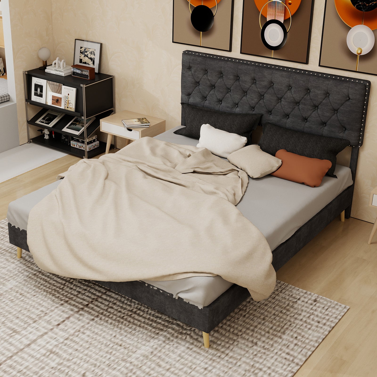 Lit moderne minimaliste et moelleux 160×200 cm (gris) : tête de lit ...