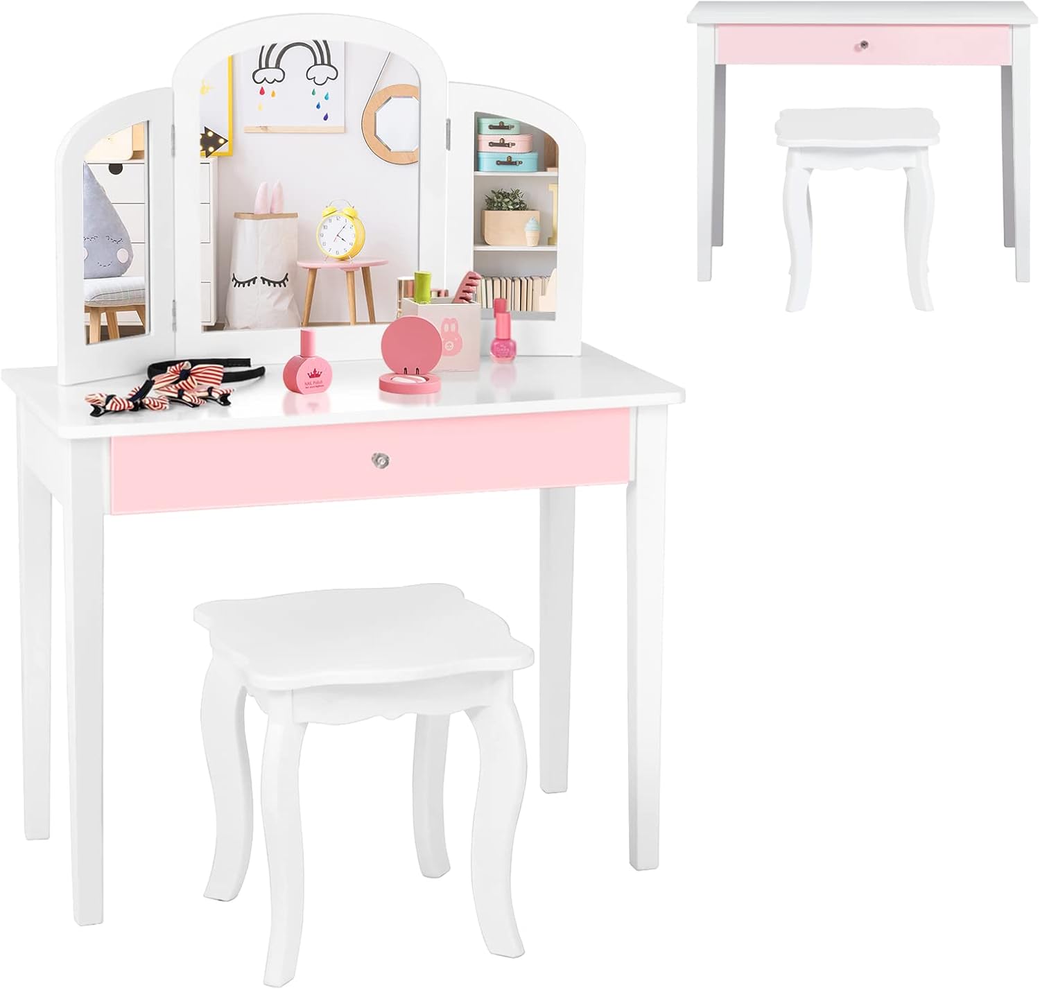 Coiffeuse Enfant avec Tabouret et Miroir à 3 Volets Amovible, Coiffeuse ...