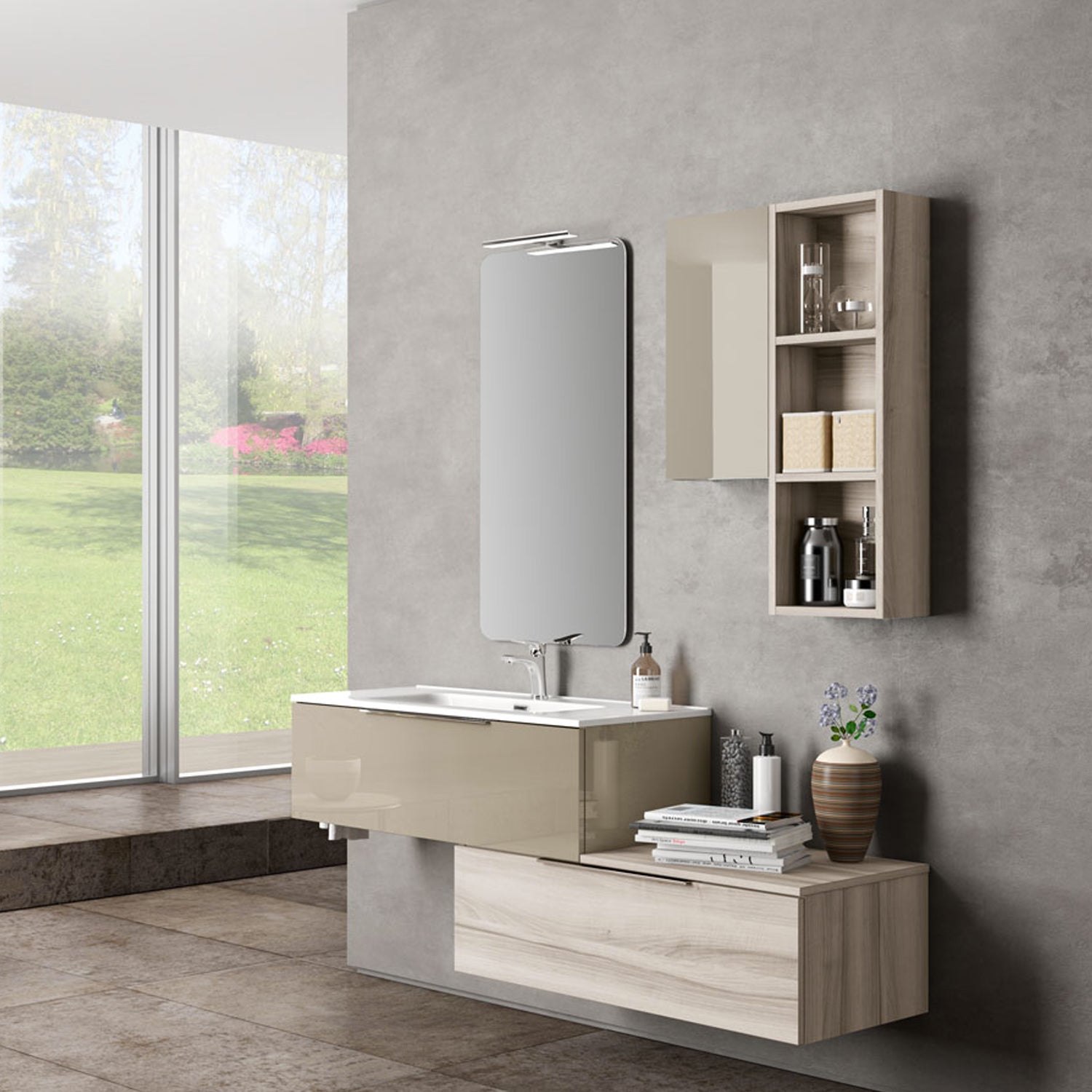 Mobile Bagno Sospeso Bali04 160x195x46 in Laccato Lucido Visone e Noce ...